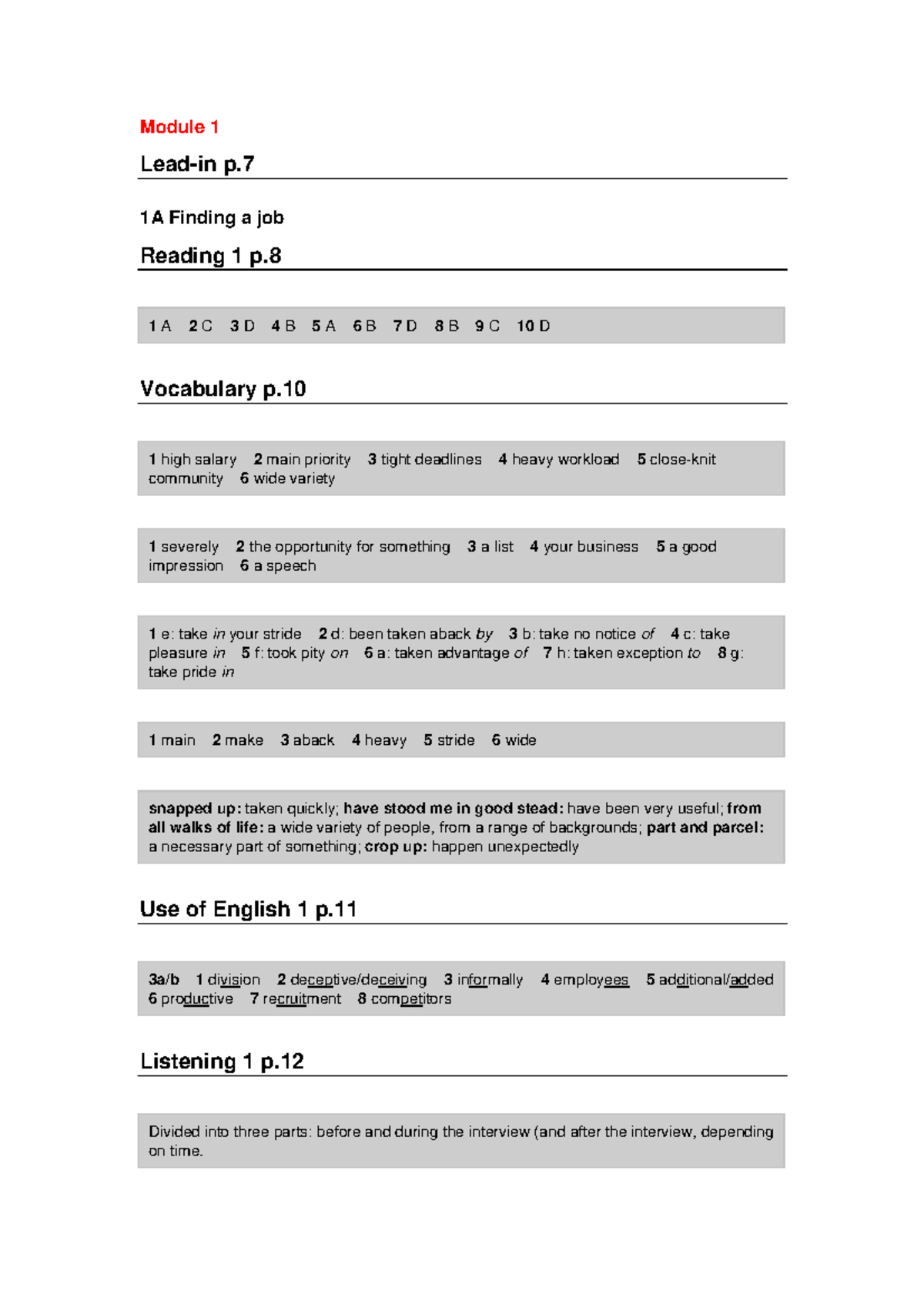 Advanced Expert - Answer Key - Module 1 Lead-in p. 1A Finding a job ...