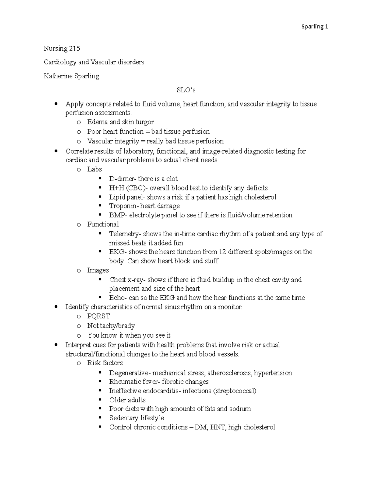 SLO Cardiology and Vascular diseases - Nursing 215 Cardiology and ...