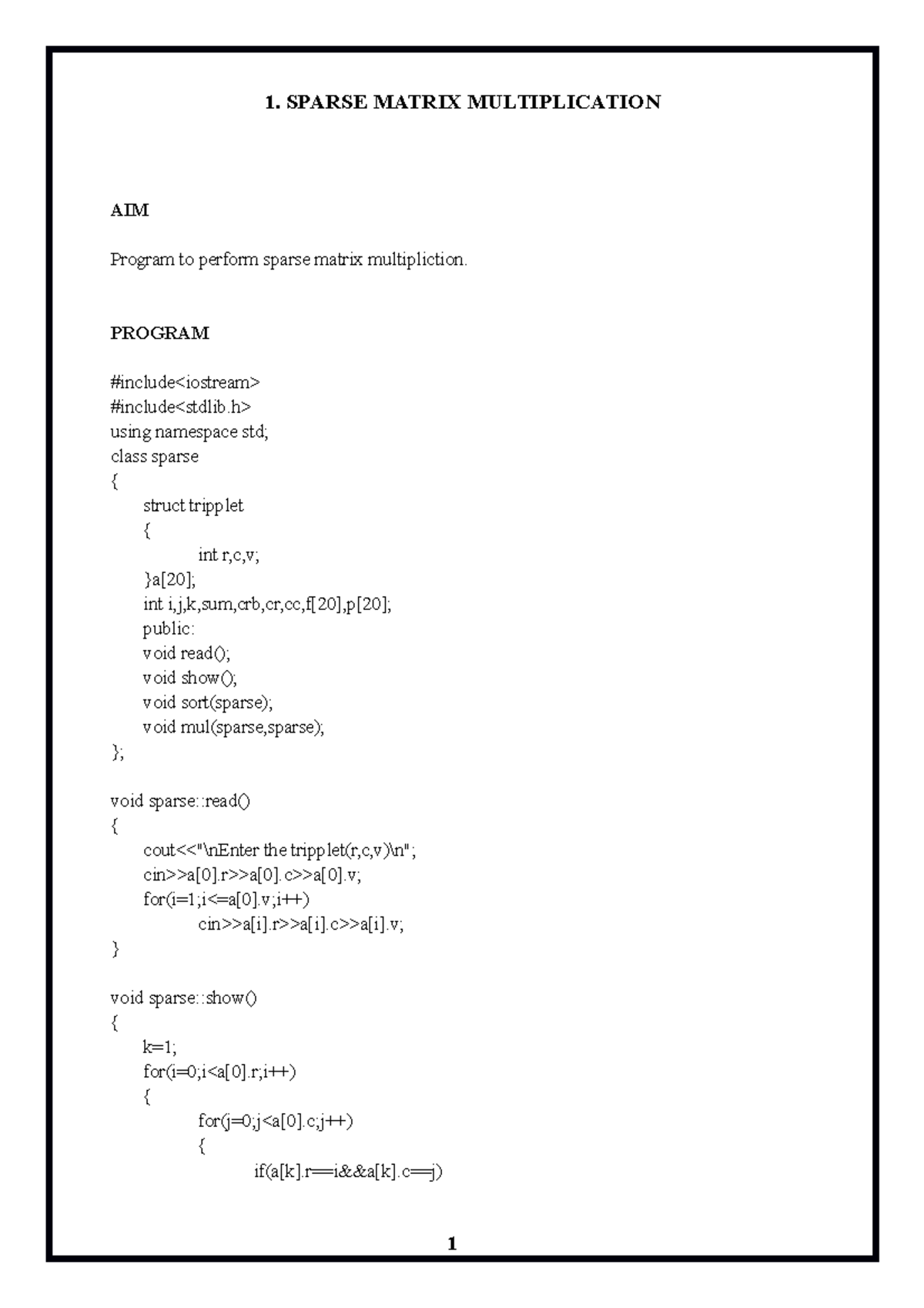 Dslabssig - Data structure lab assignments - 1. SPARSE MATRIX ...