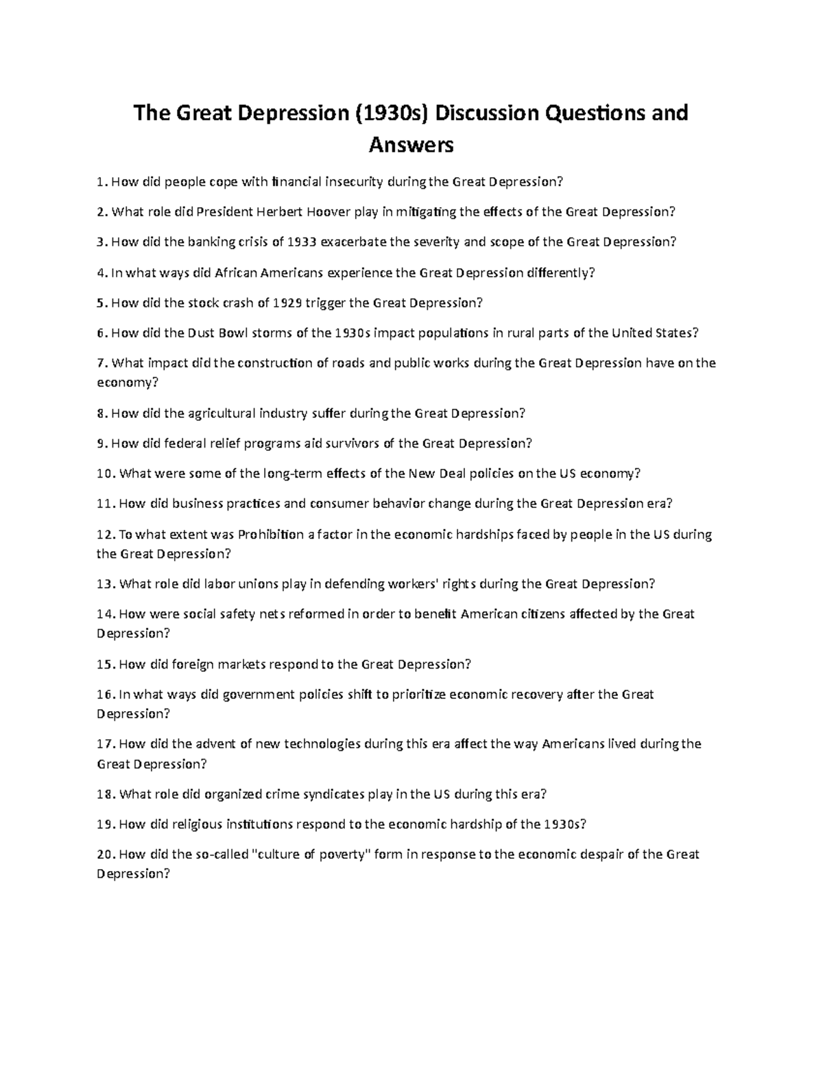 The Great Depression and World War II Discussion Questions and Answers ...