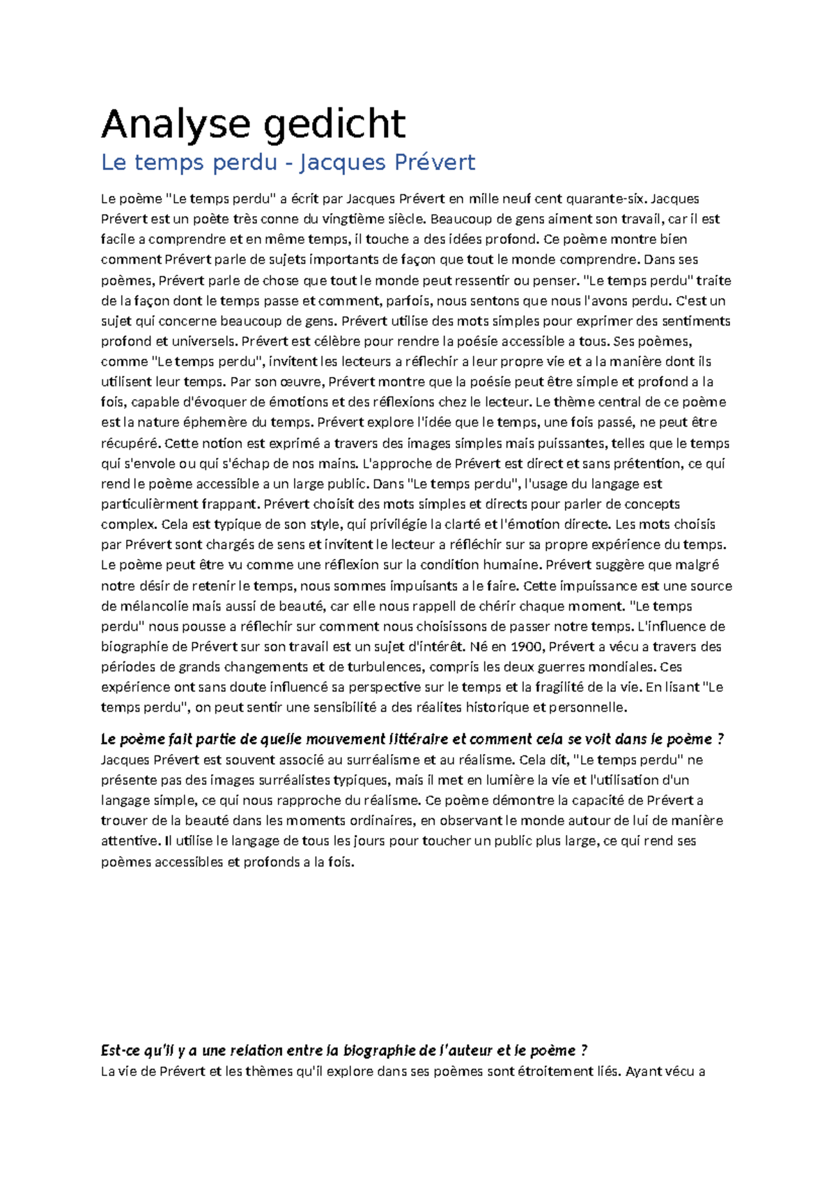 Frans gedicht analyse - Analyse gedicht Le temps perdu - Jacques ...