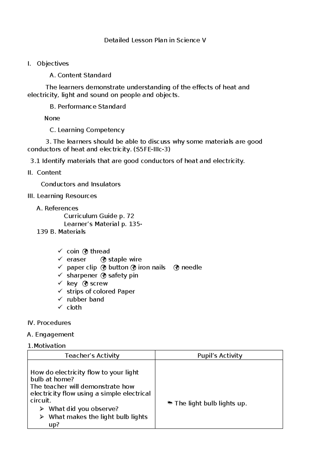 Science 5 -Conductors And Insulators - Detailed Lesson Plan in Science ...
