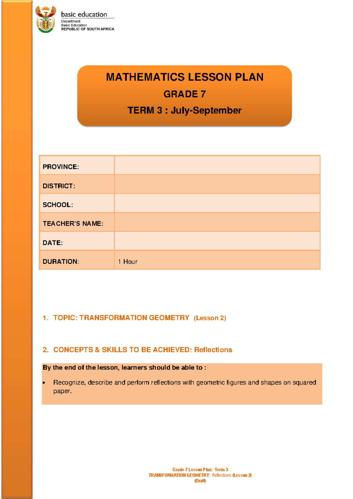 Grade 7 Term 3 Transformation Geometry Lesson 2 - Grade 7 Lesson Plan ...