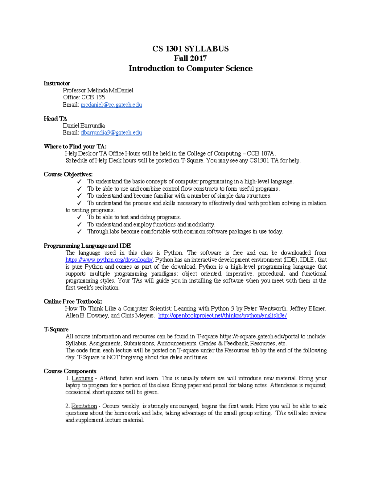 Fall2017 Syllabus Cs1301 Cs 1301 Syllabus Fall 2017 Introduction To Computer Science 6539