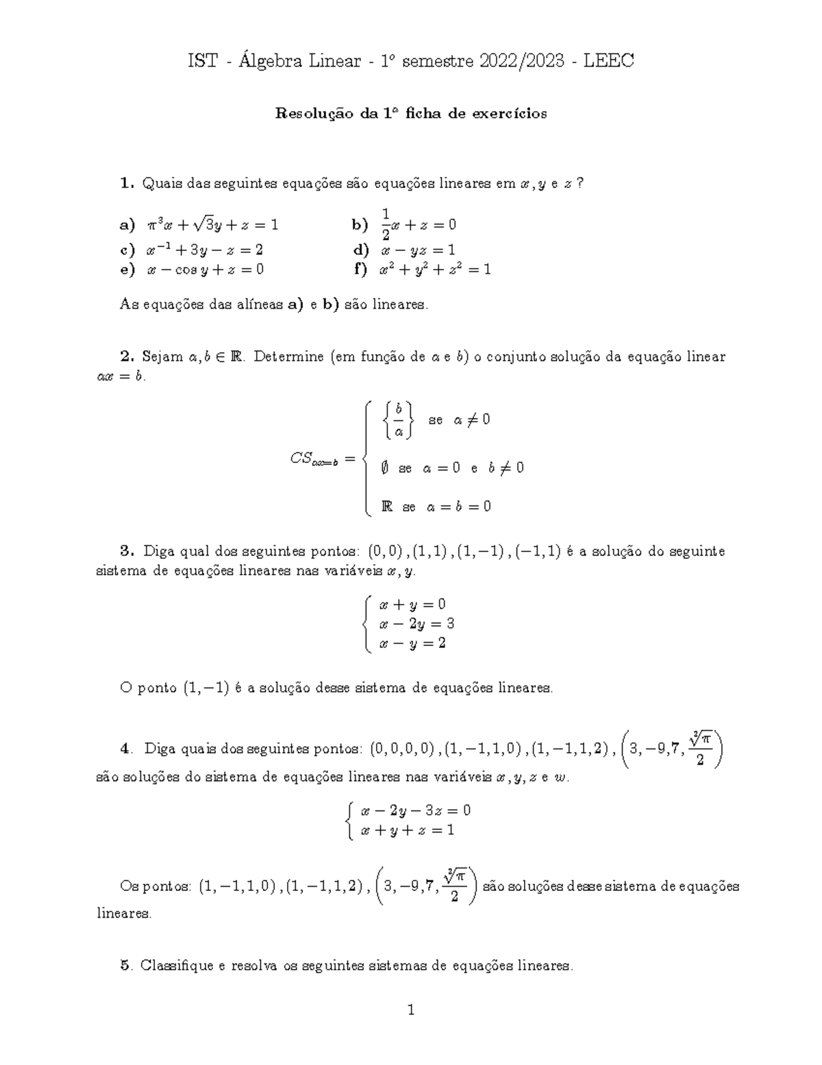 ALF1R 2223 - IST - ¡lgebra Linear - 1o semestre 2022/2023 - LEEC ResoluÁ„o da 1a Öcha de ...