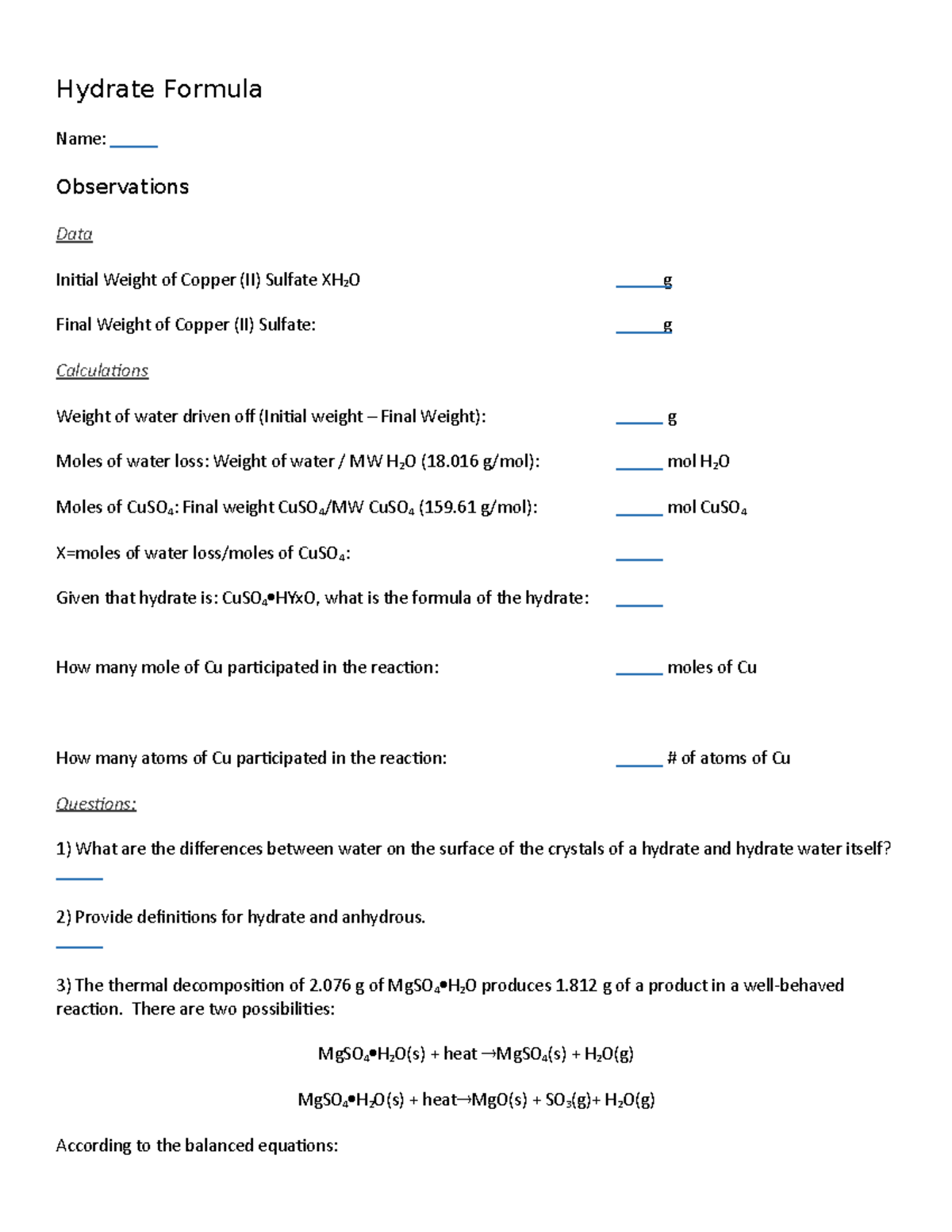 CH178Virtual Lab Module 1 - Hydrate Formula Name: Observations Data ...
