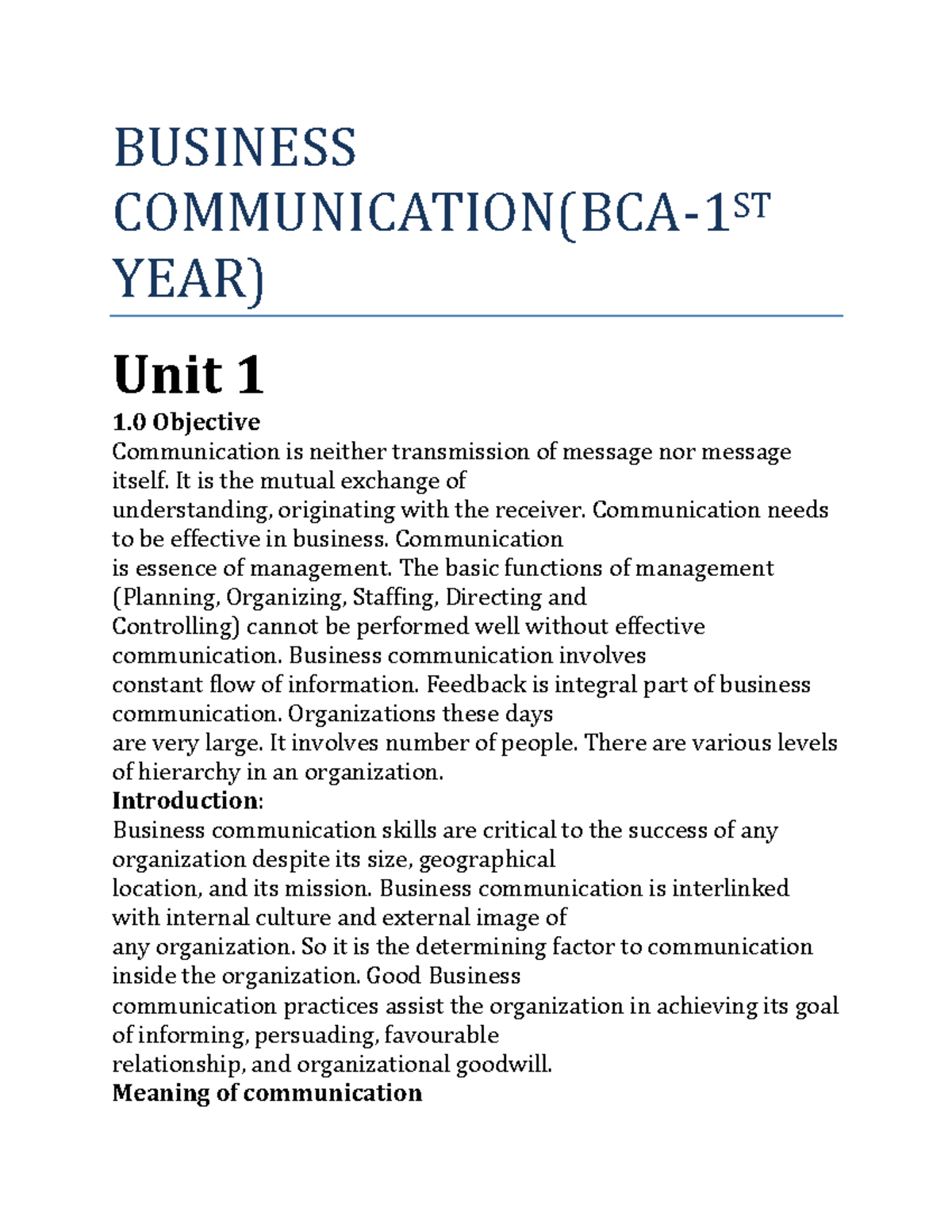 Business Communication unit 1 - BUSINESS COMMUNICATION(BCA- 1 ST YEAR) Unit 1 1 Objective - Studocu