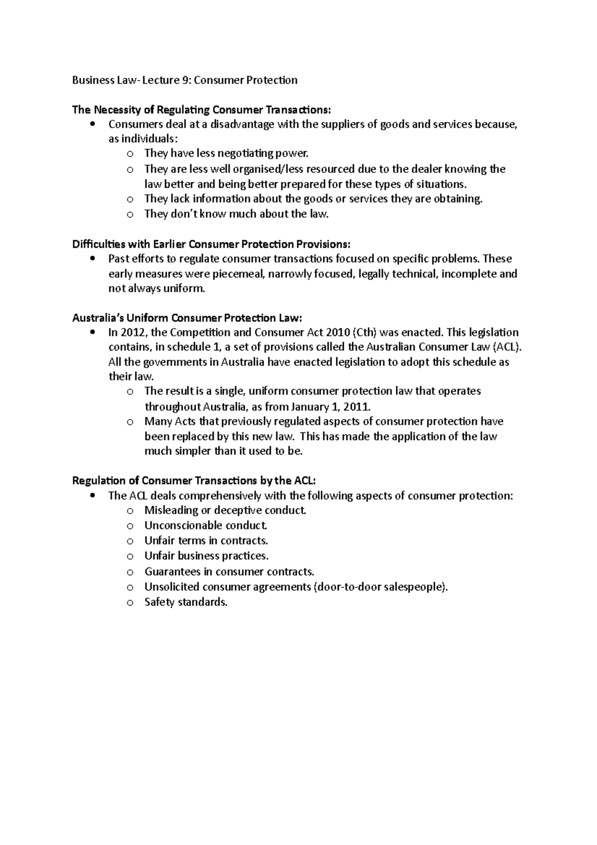 PBL-Lecture 9 Notes - Business Law- Lecture 9: Consumer Protection The ...