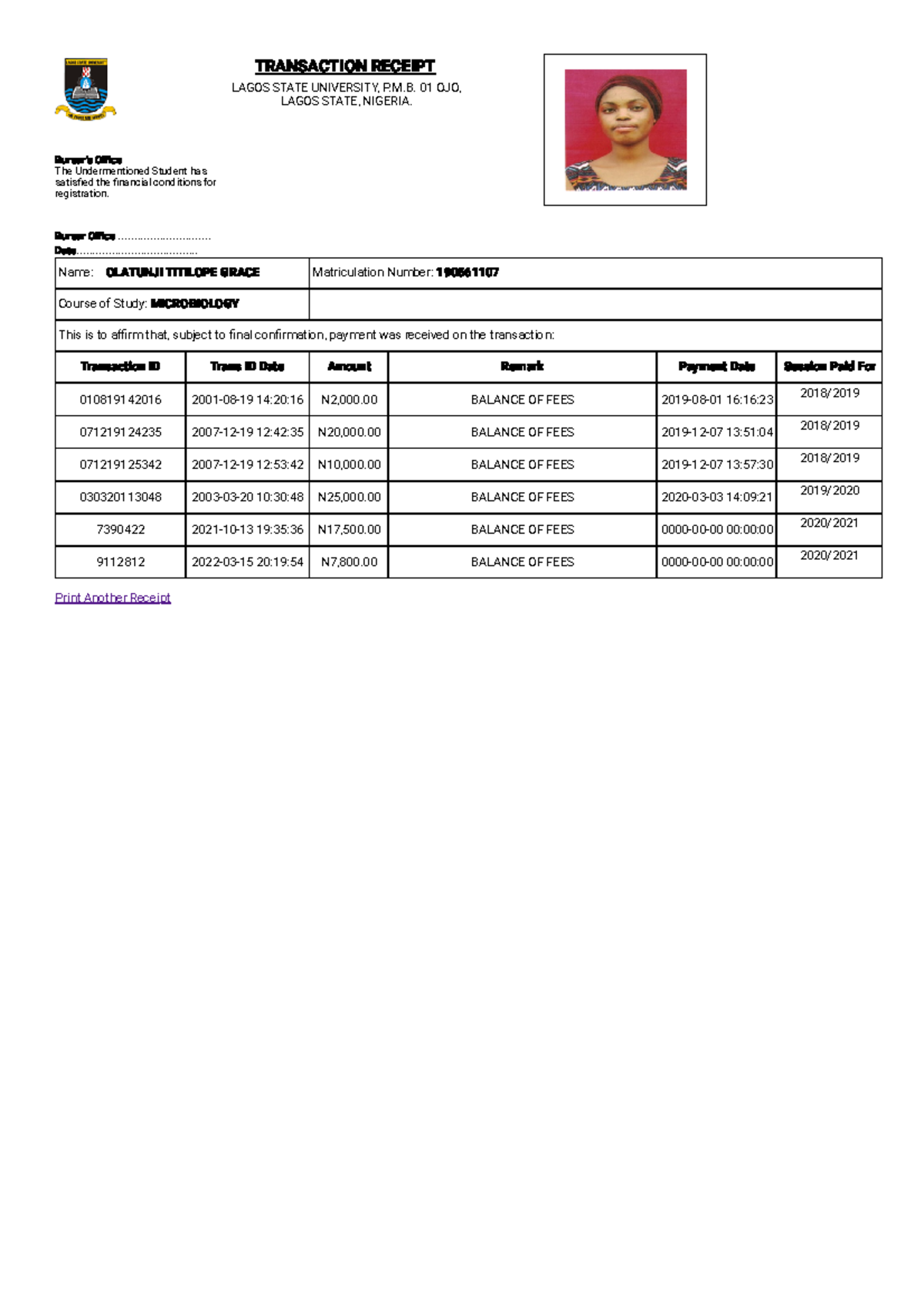 Ekemode Grace Transaction Receipt - Bursar's OThe Undermentioned ...