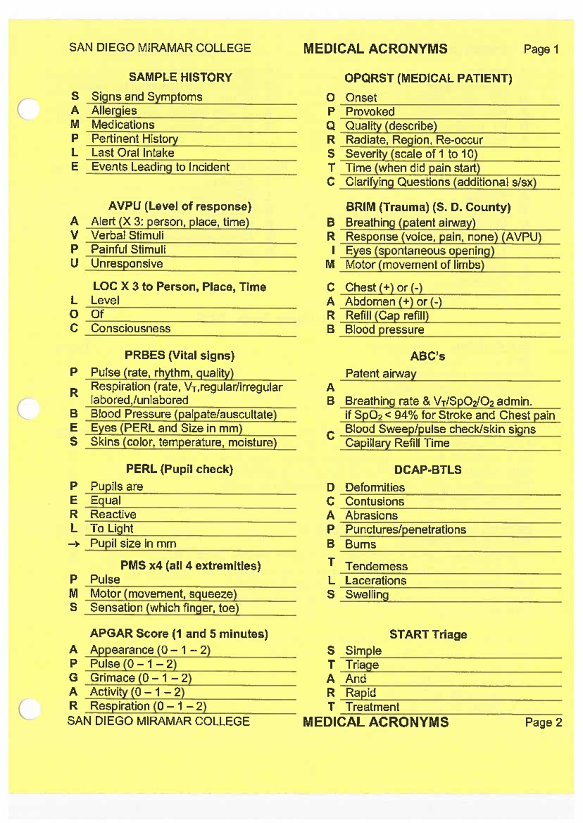 Medical Acronyms Sheet - SAN DIEGO MIRAMAR COLLEGE MEDICAL ACRONYMS ...