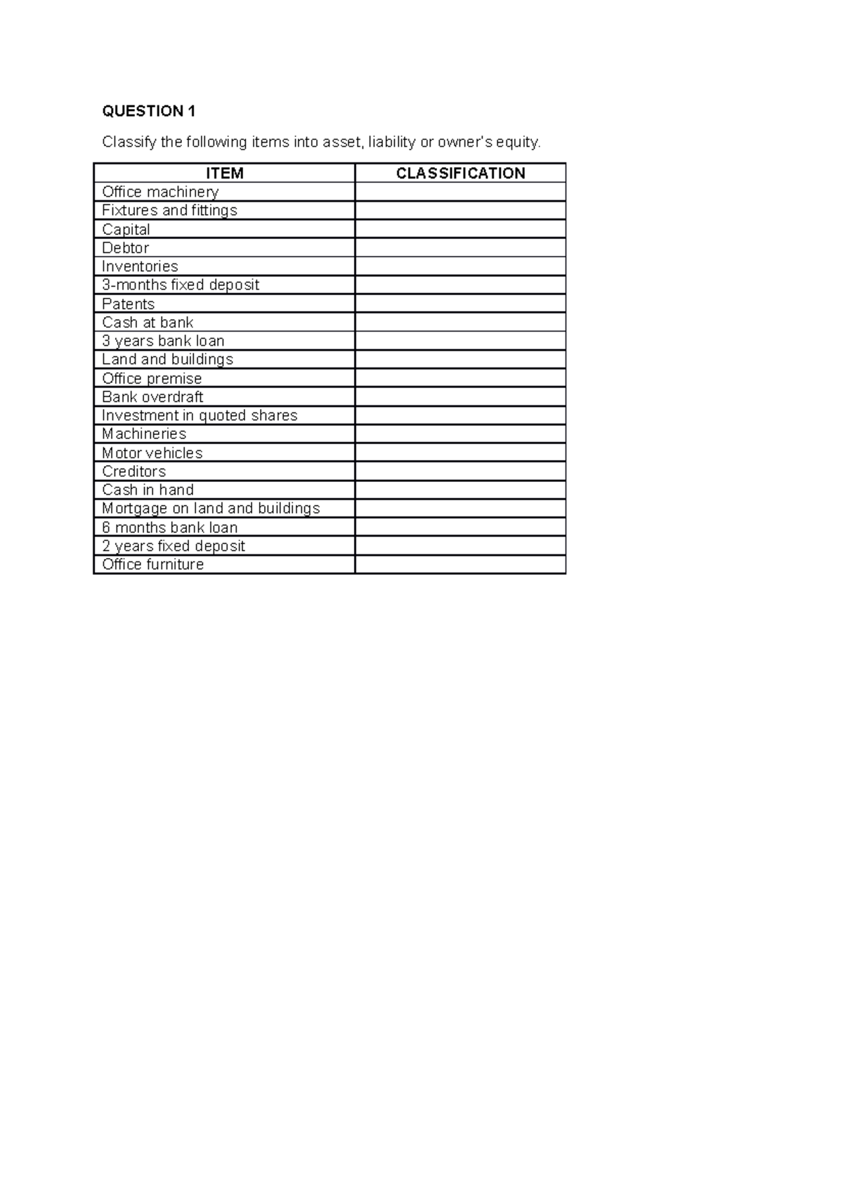 ACC106 WEEK 2 Tutorial Question - QUESTION 1 Classify the following ...