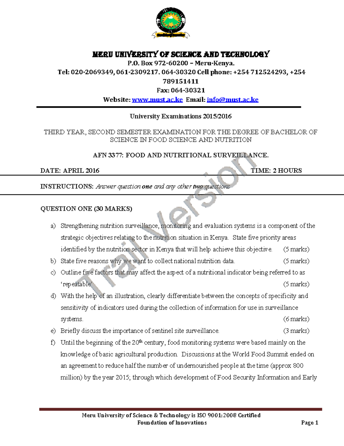 AFN 3377 FOOD AND Nutritional Surveillance - Meru University of Science ...