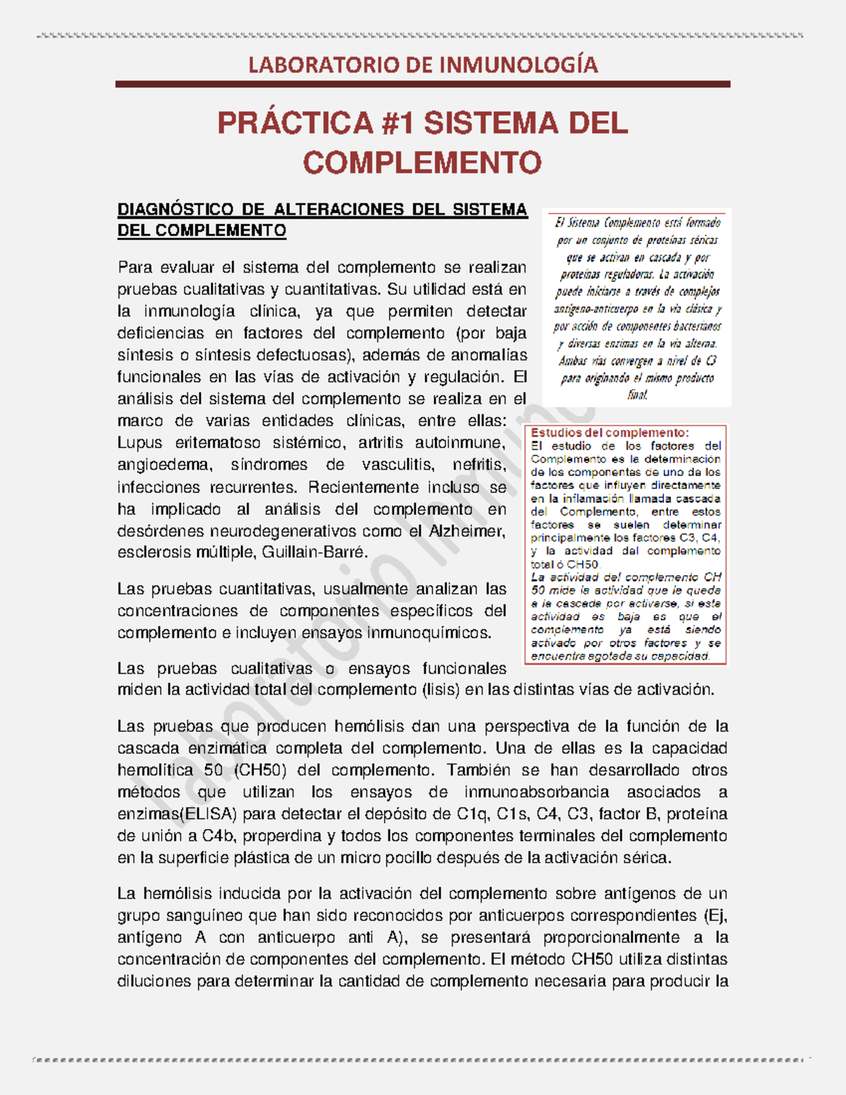 Guia lab de inmunologia 2 - PRÁCTICA #1 SISTEMA DEL COMPLEMENTO DIAGNÓSTICO DE ALTERACIONES DEL ...