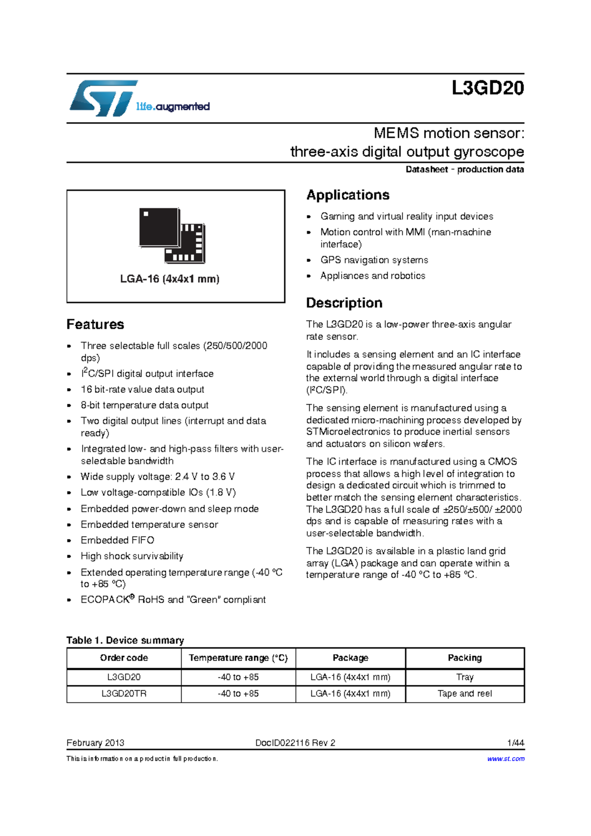 L3gd20 - Code - This is information on a product in full production ...