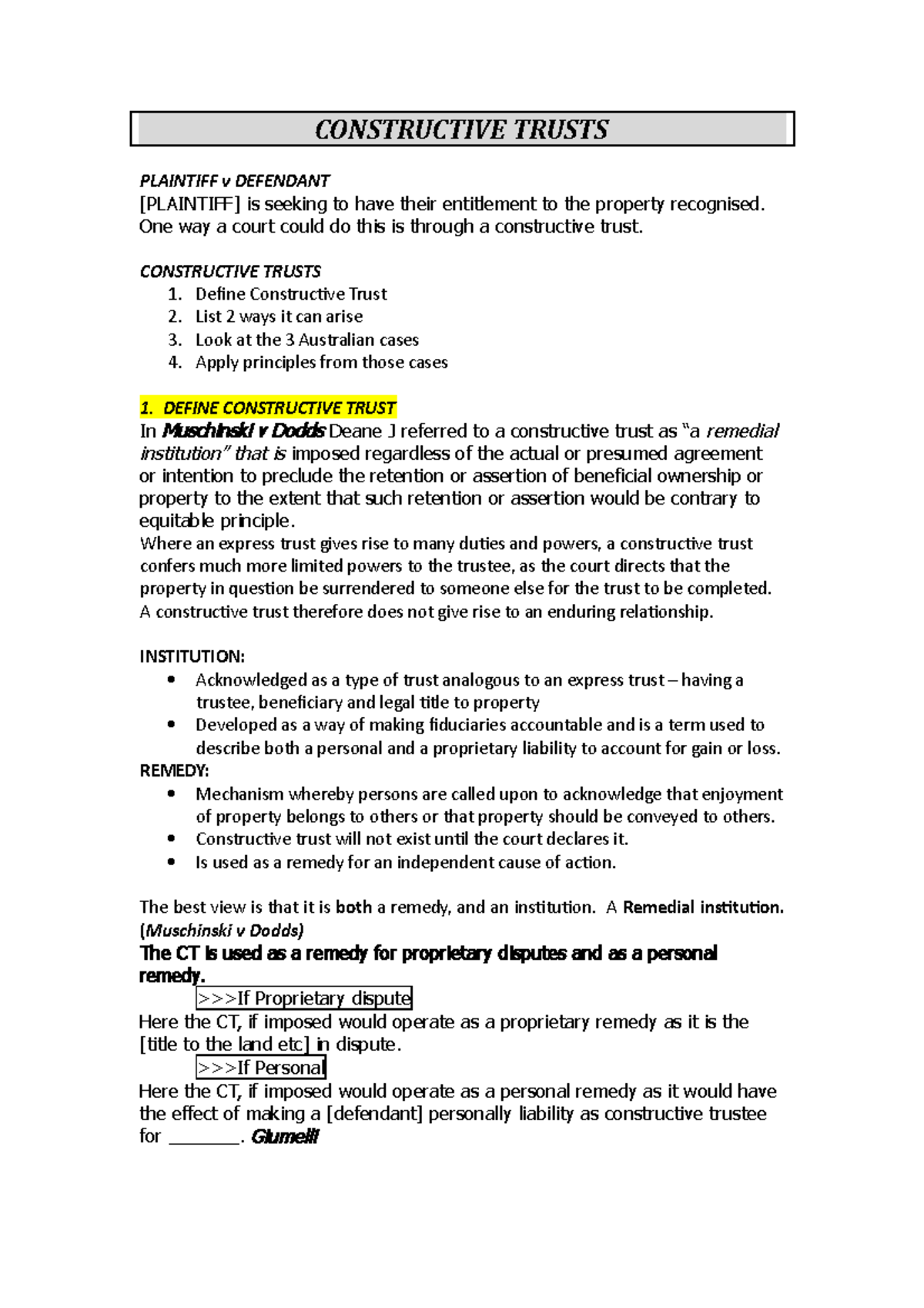 Constructive Trusts 2 - CONSTRUCTIVE TRUSTS PLAINTIFF v DEFENDANT [PLAINTIFF] is seeking to have ...