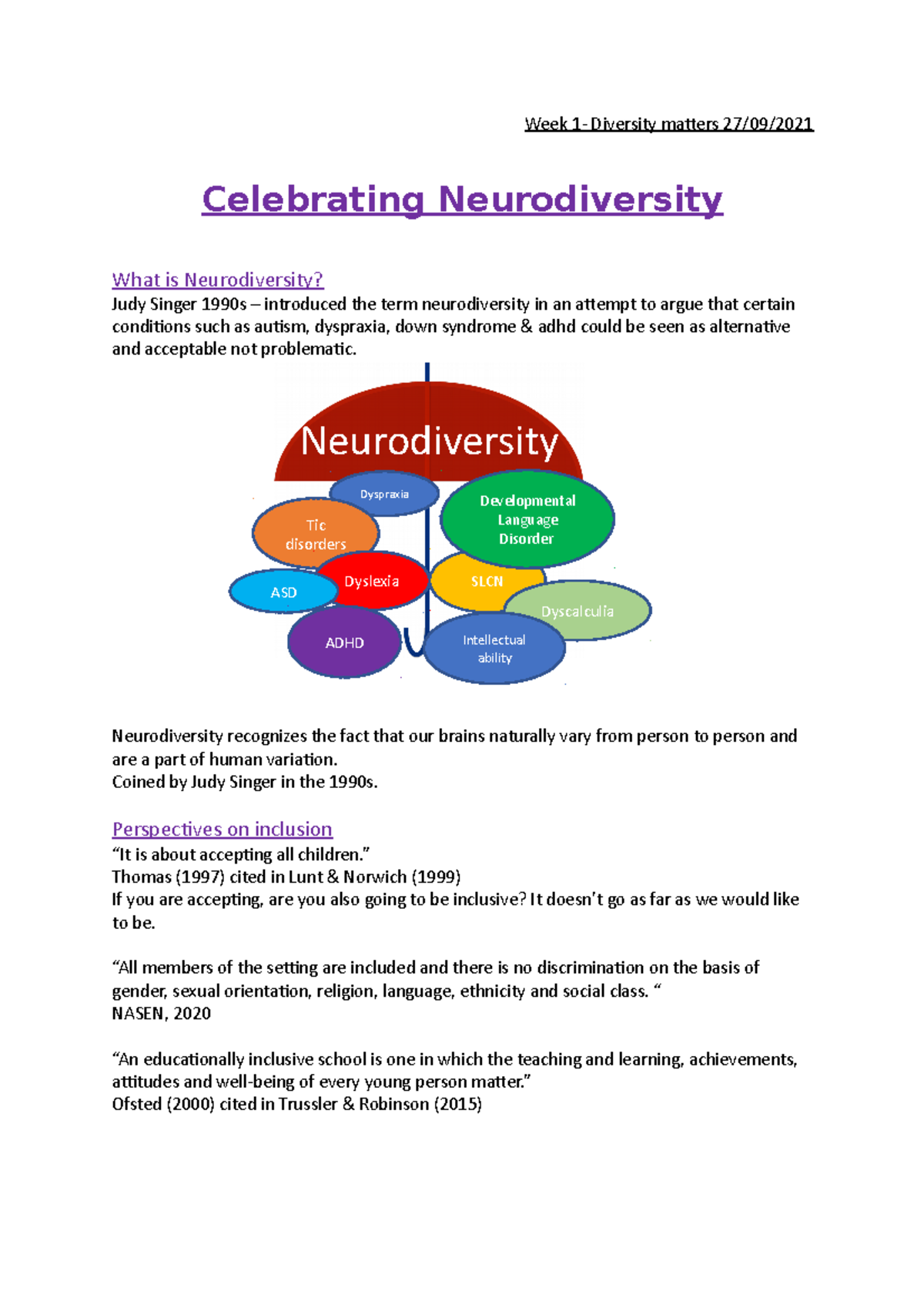 Week 1- diversity matters - Neurodiversity recognizes the fact that our ...