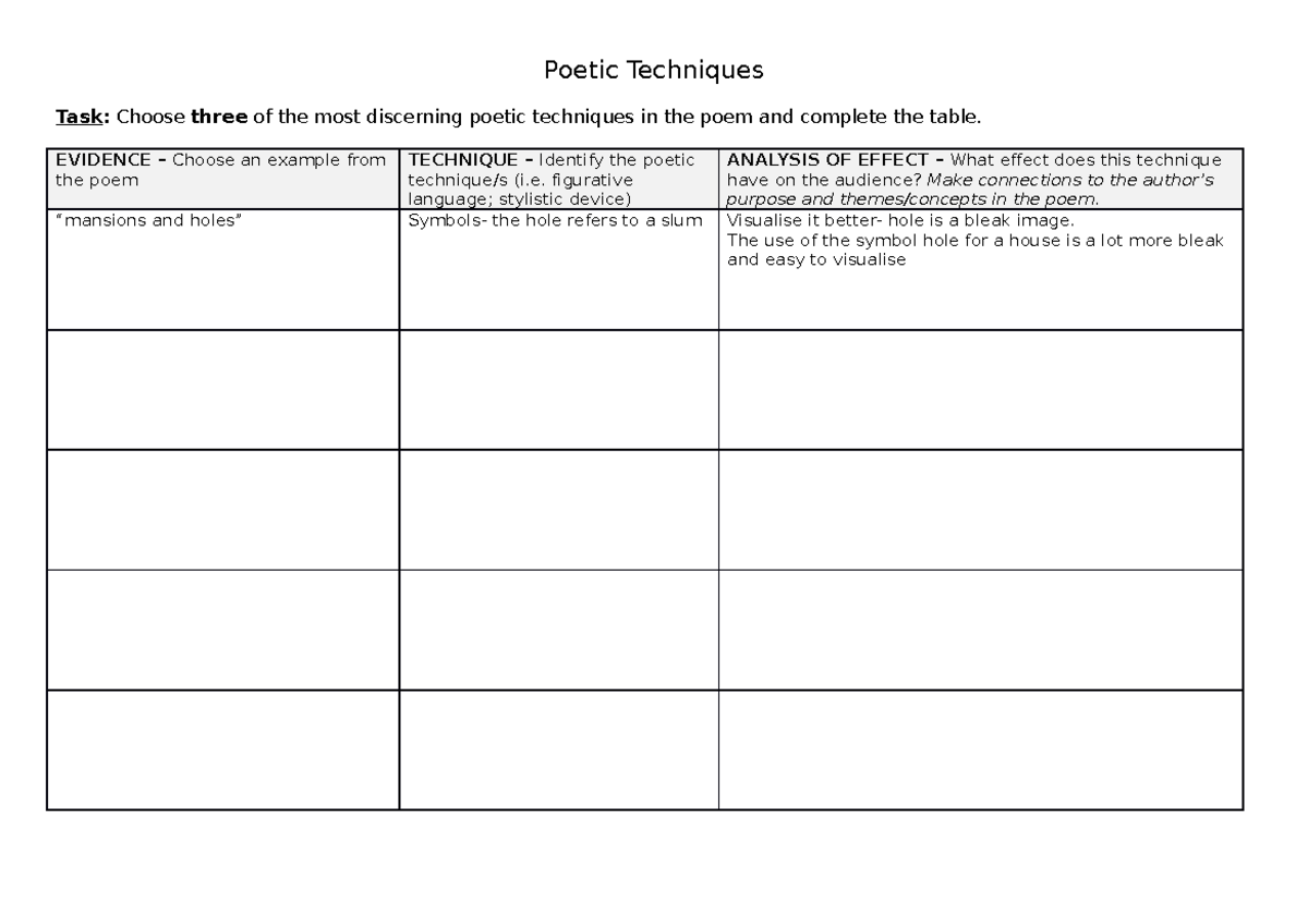 Poetic Techniques and Writing task - Poetic Techniques Task: Choose ...