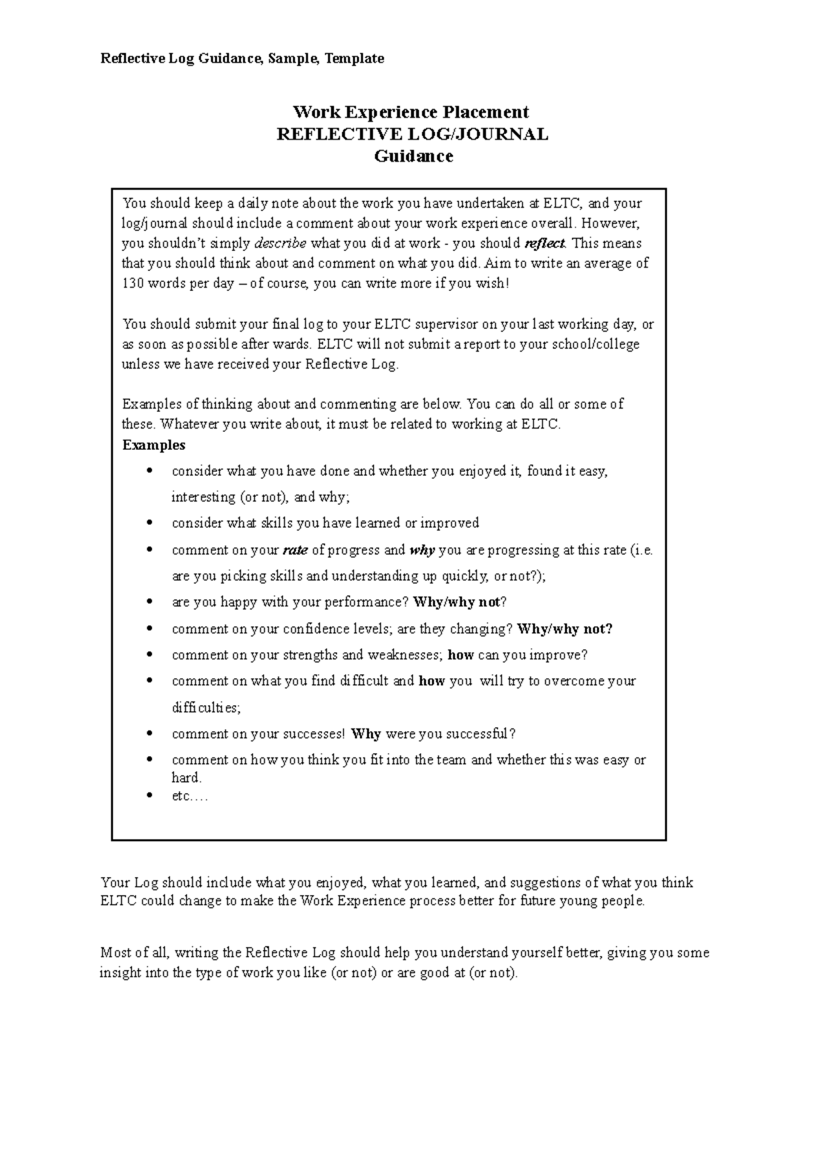 Reflective-Log-Template - Work Experience Placement REFLECTIVE LOG ...