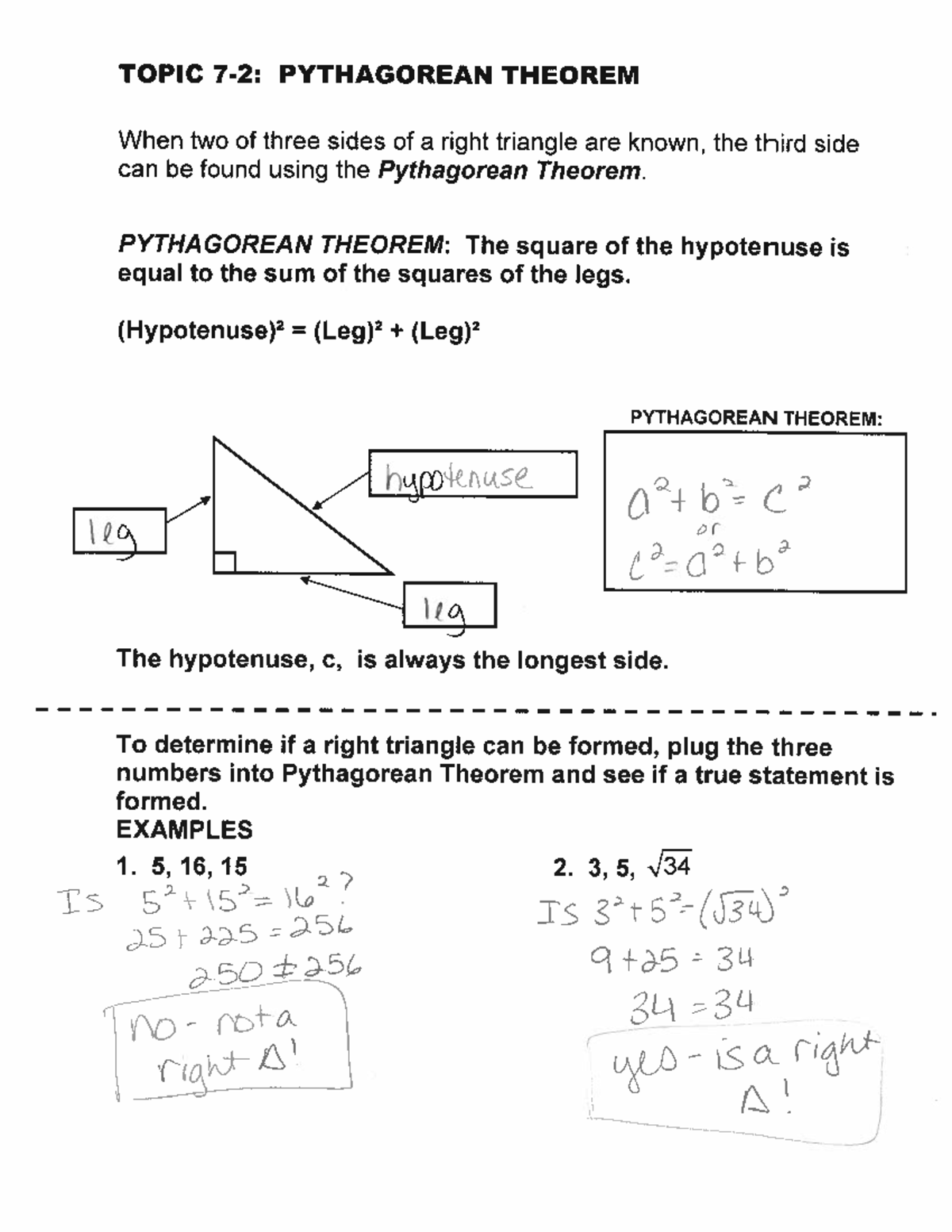 Topic 7-2 Key - Pythagreon theorem notes. - MAT 011 - Studocu