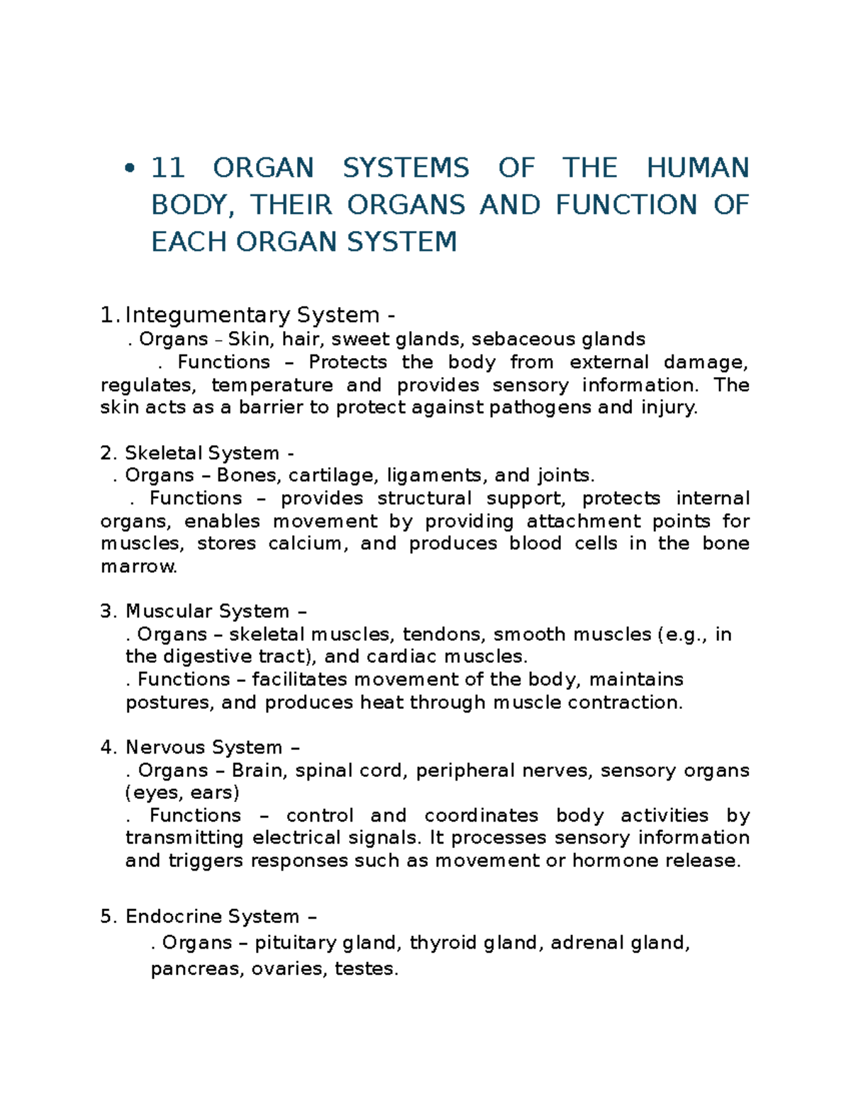 Assignment sci lecture 1 - 11 ORGAN SYSTEMS OF THE HUMAN BODY, THEIR ...