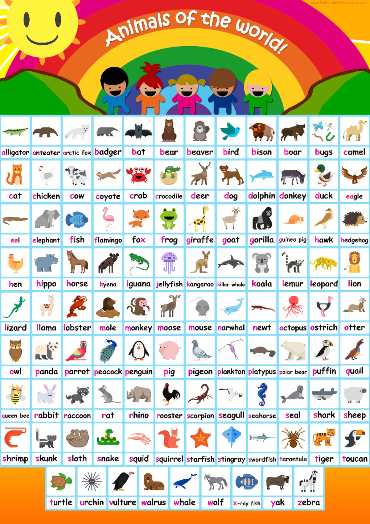 100 animals poster - o o Animals of the world alligator anteater arctic ...