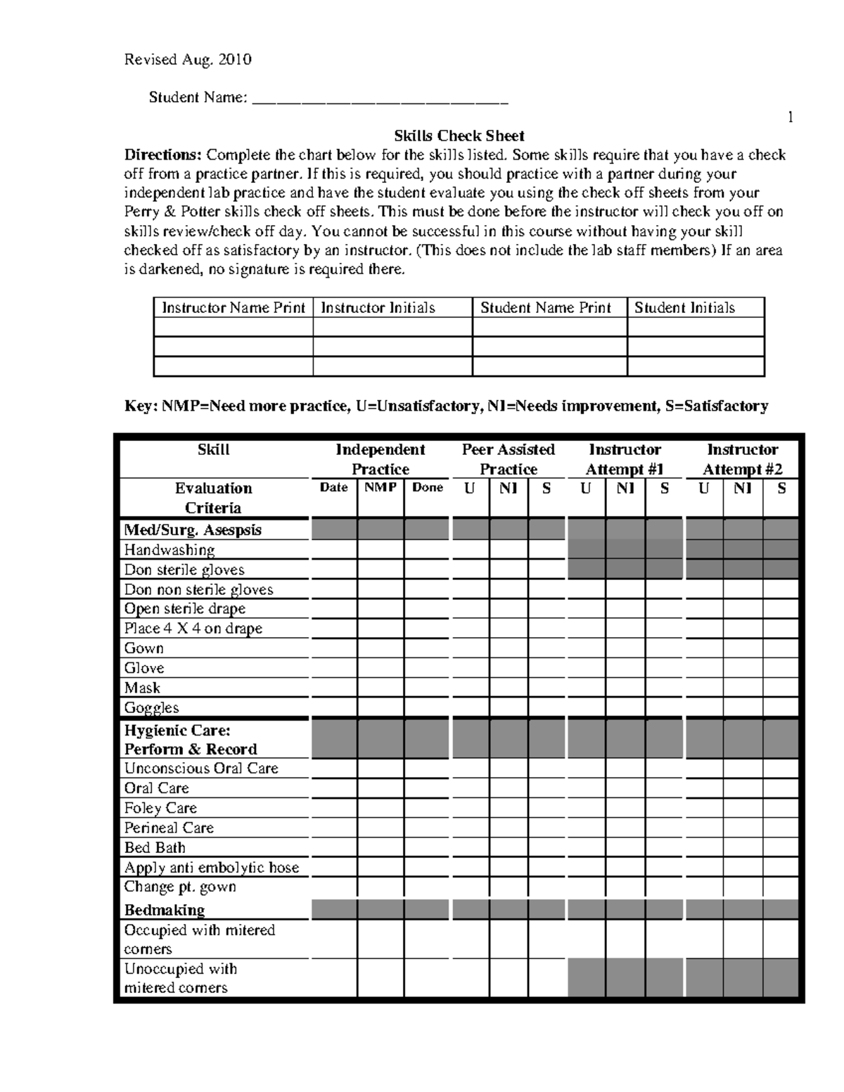 Skills Check Sheet - Student Name: _______________________________ 1 ...