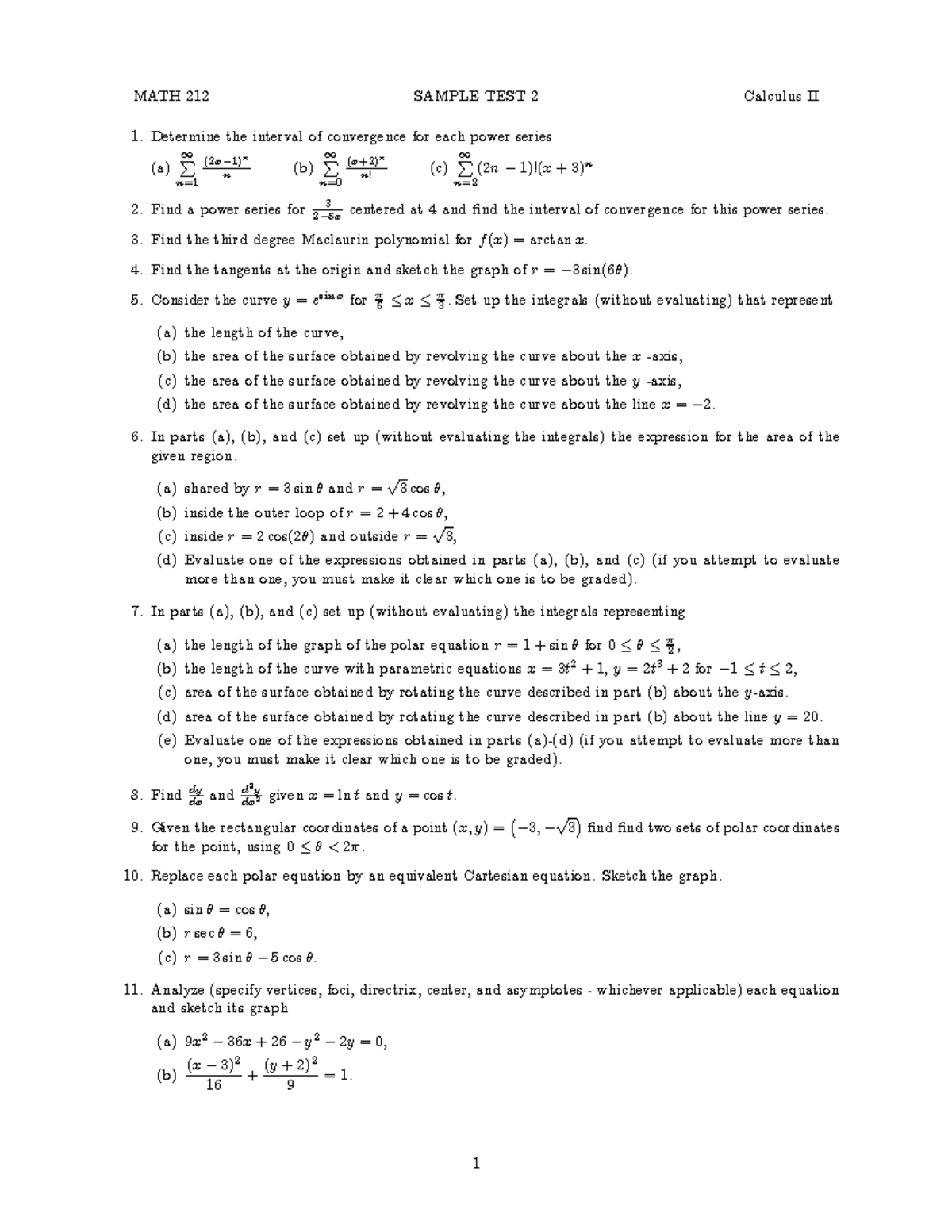 St2 - its the one - MATH 212 SAMPLE TEST 2 Calculus II Determine the ...