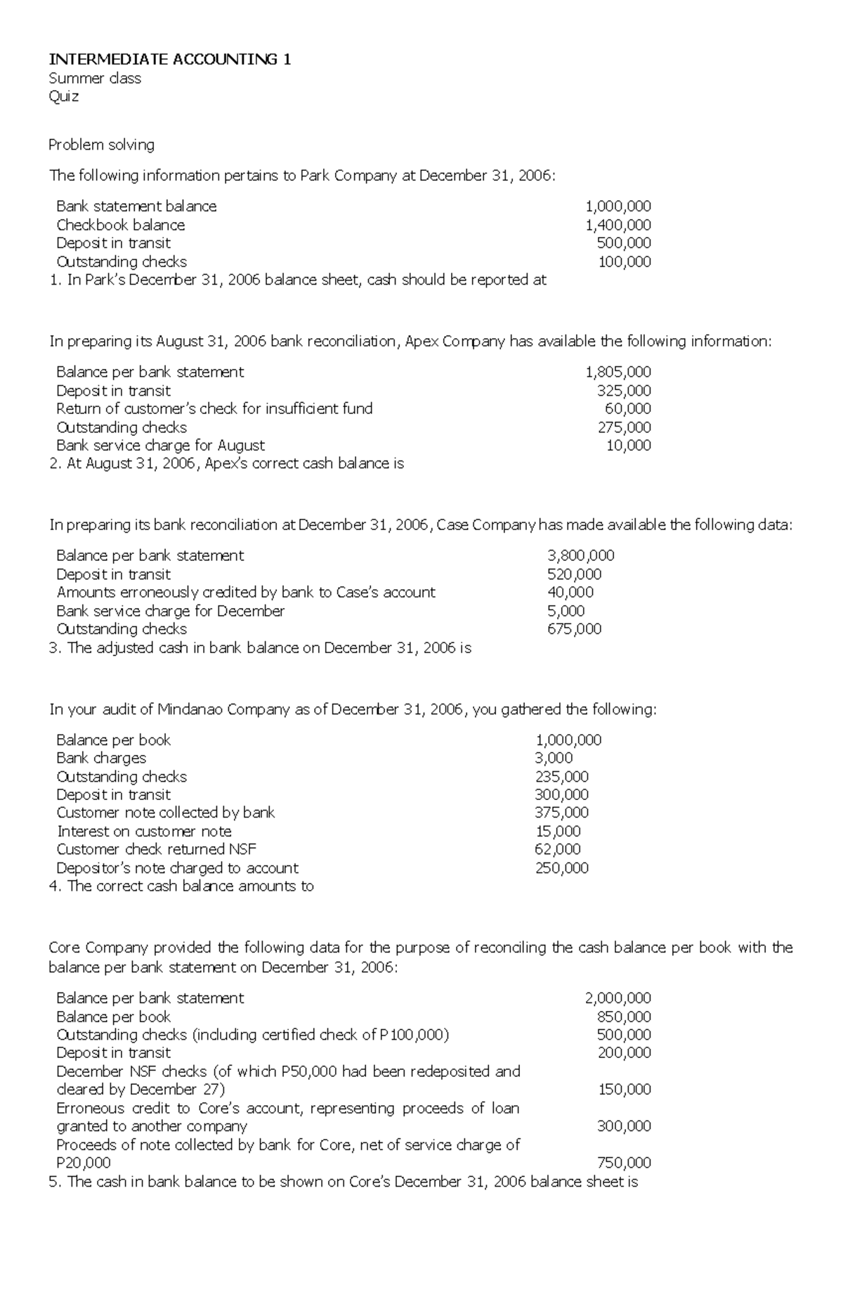 Bank Reconciliation. Pdfcoffee - INTERMEDIATE ACCOUNTING 1 Summer class ...