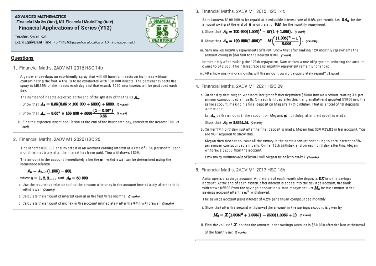 Recurrence relation - 1. Financial Maths, 2ADV M1 2016 HSC 14b 2. Financial Maths, 2ADV M1 2020 ...