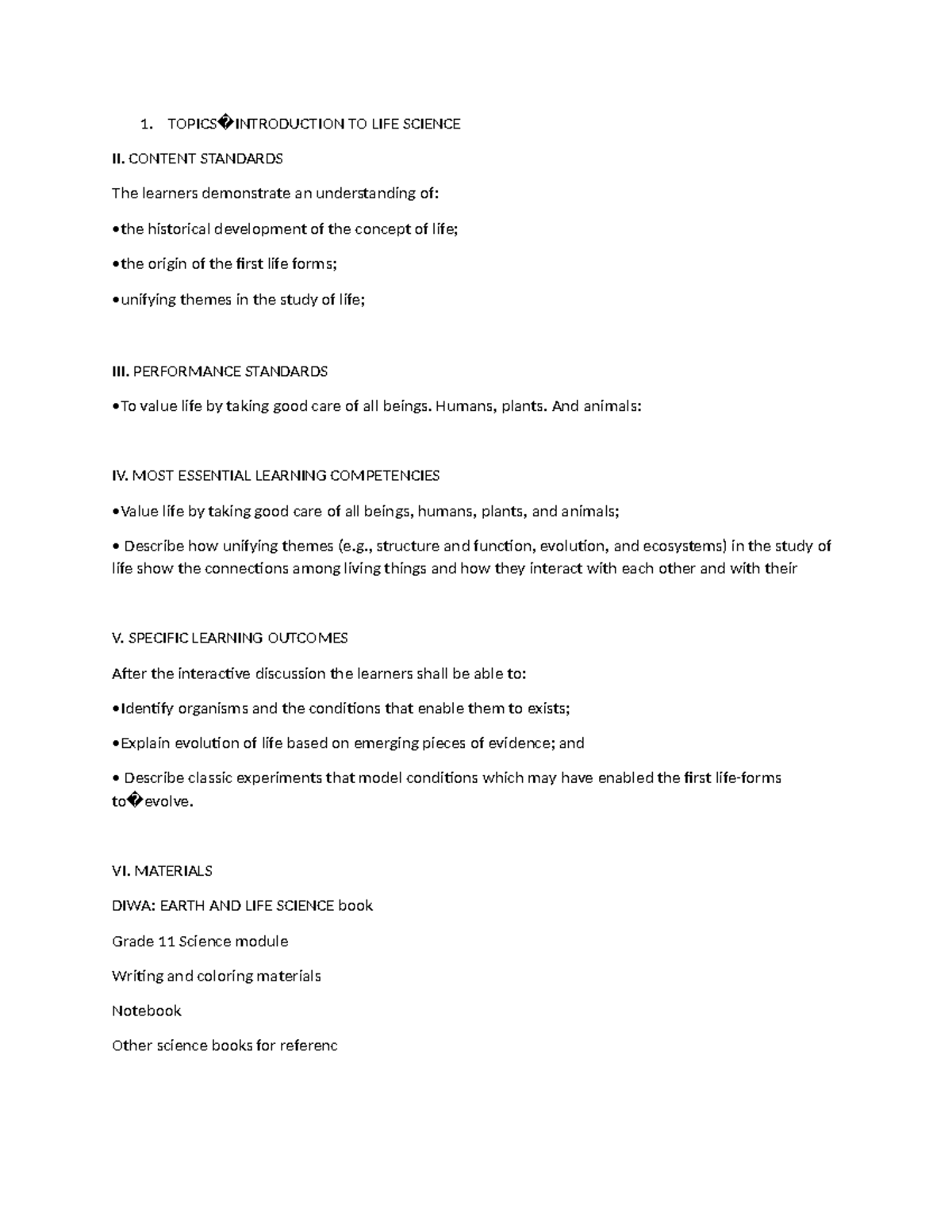 Eals - 1. TOPICS INTRODUCTION TO LIFE SCIENCE II. CONTENT STANDARDS The ...