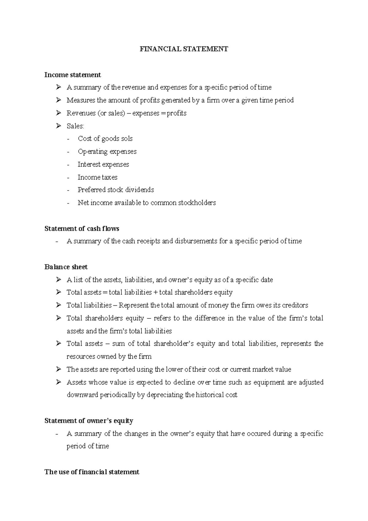 Financial Statement - FINANCIAL STATEMENT Income statement A summary of ...