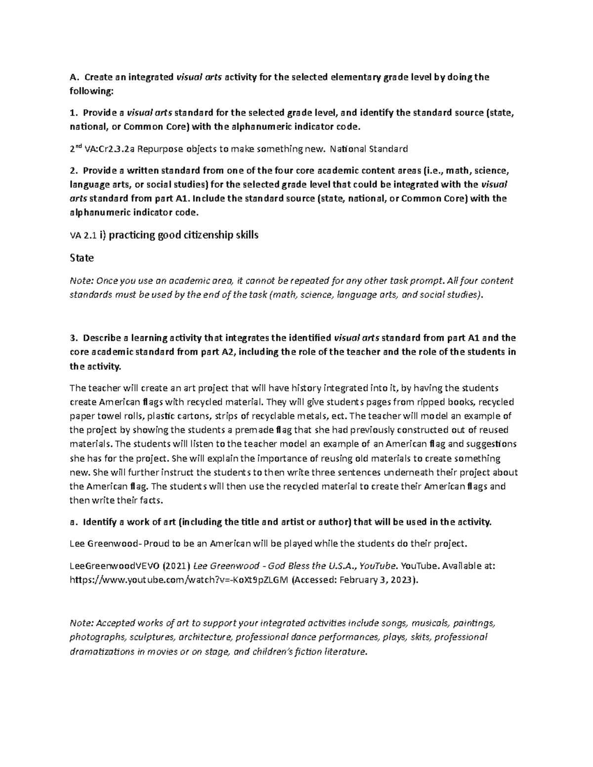 C105 Task 1 Arts - notes - A. Create an integrated visual arts activity ...