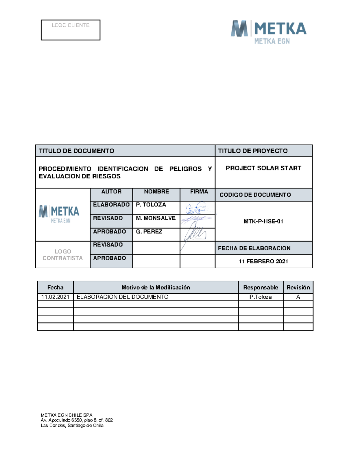 MTK-P-HSE-01 Procedimiento Id. Peligros y Ev. Riesgos - TITULO DE DOCUMENTO TITULO DE PROYECTO ...