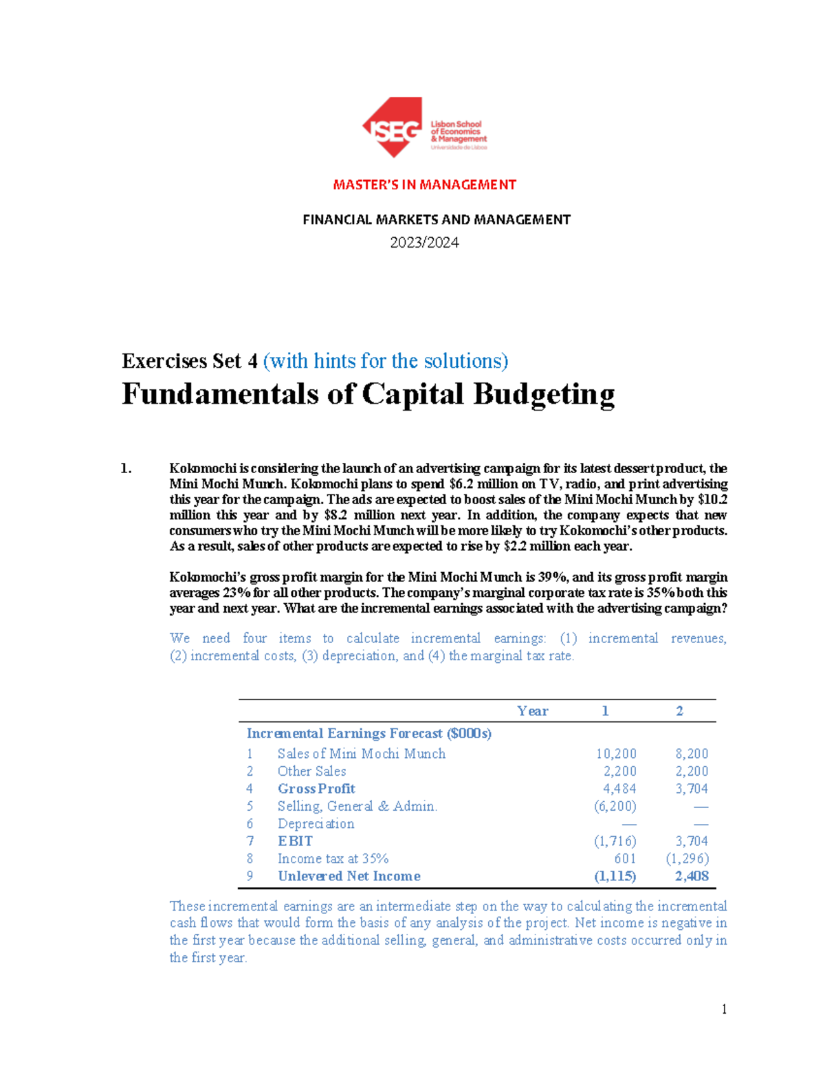 4 Exercices Set Fundamentals of Capital Budgeting with Solutions ...