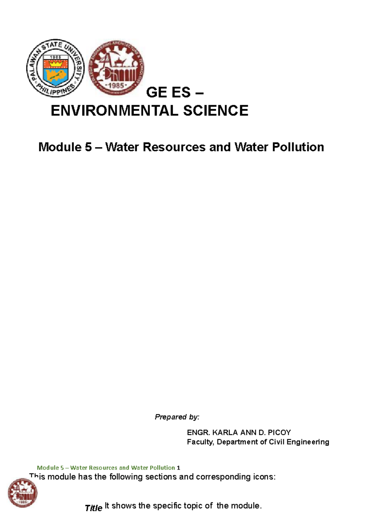 Module 5 - Water Resources - GE ES – ENVIRONMENTAL SCIENCE Module 5 ...