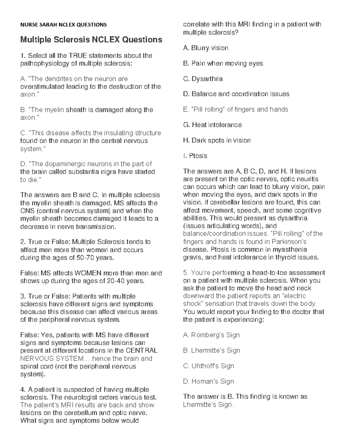 Nurse Sarah Nclex Questions - NURSE SARAH NCLEX QUESTIONS Multiple Sclerosis NCLEX Questions ...