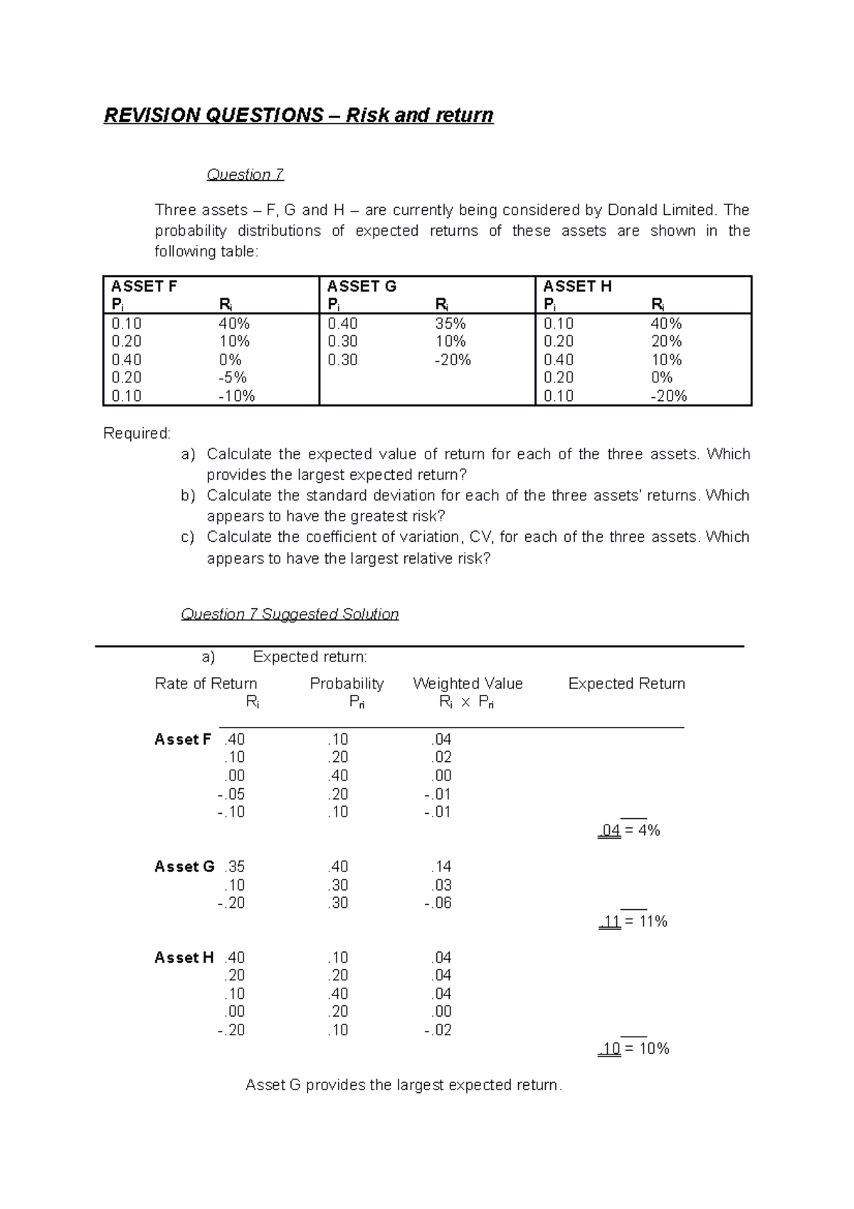 Revison questions Unit 4 - REVISION QUESTIONS – Risk and return ...