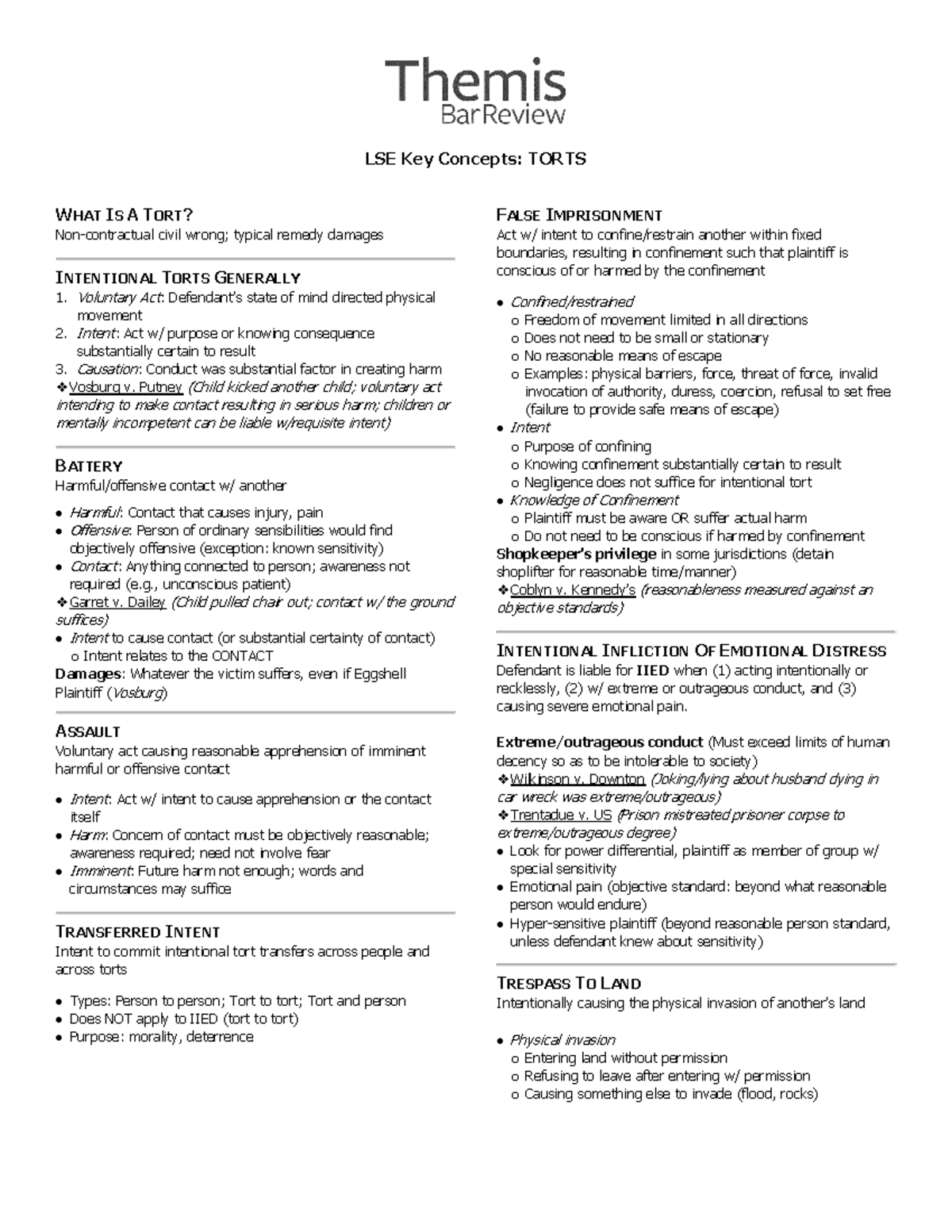 LSE - outline - LSE Key Concepts: TORTS WHAT IS A TORT? Non -co ...