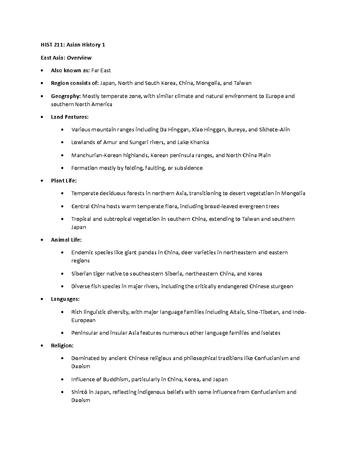 East Asia Overview Notes - HIST 211: Asian History 1 East Asia ...