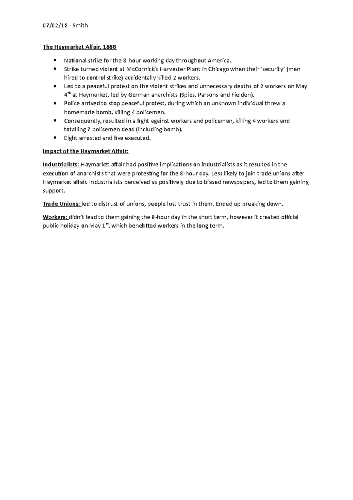 The Haymarket Affair - Unions - 07/02/18 - Smith The Haymarket Affair ...