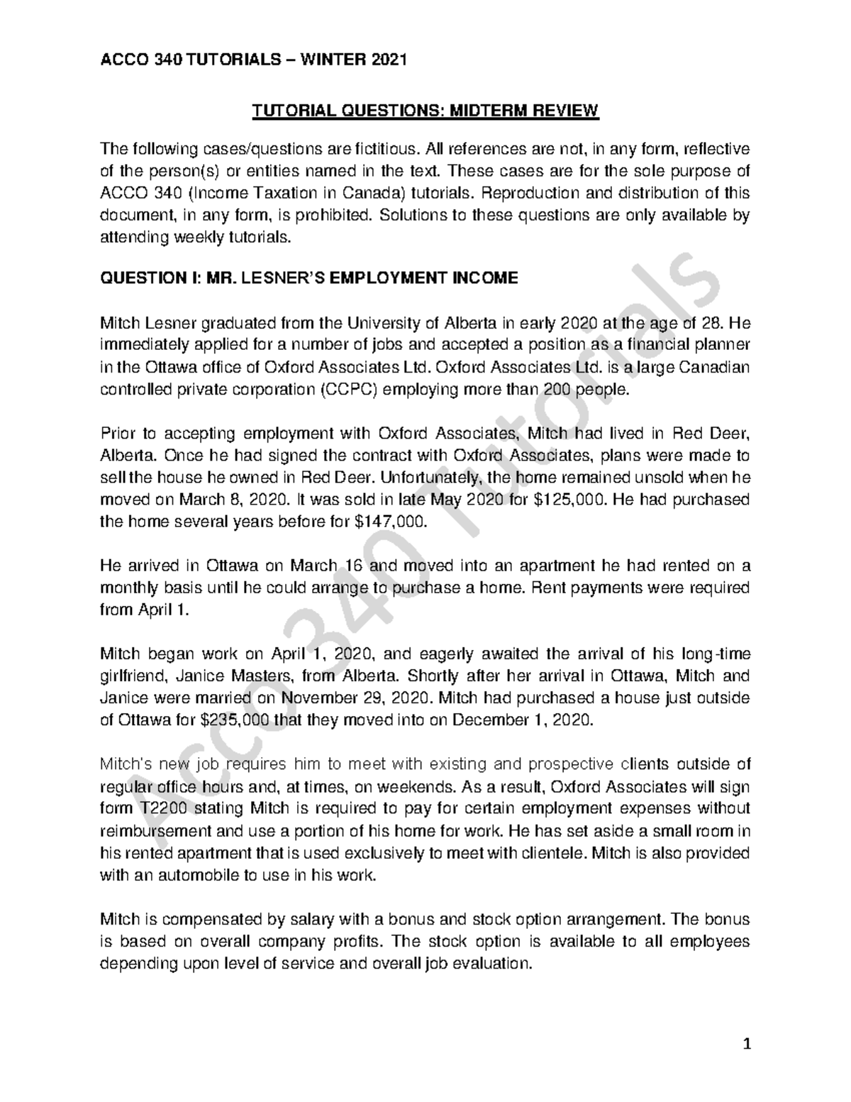 Midterm Review - 2020-2021 - TUTORIAL QUESTIONS: MIDTERM REVIEW The ...