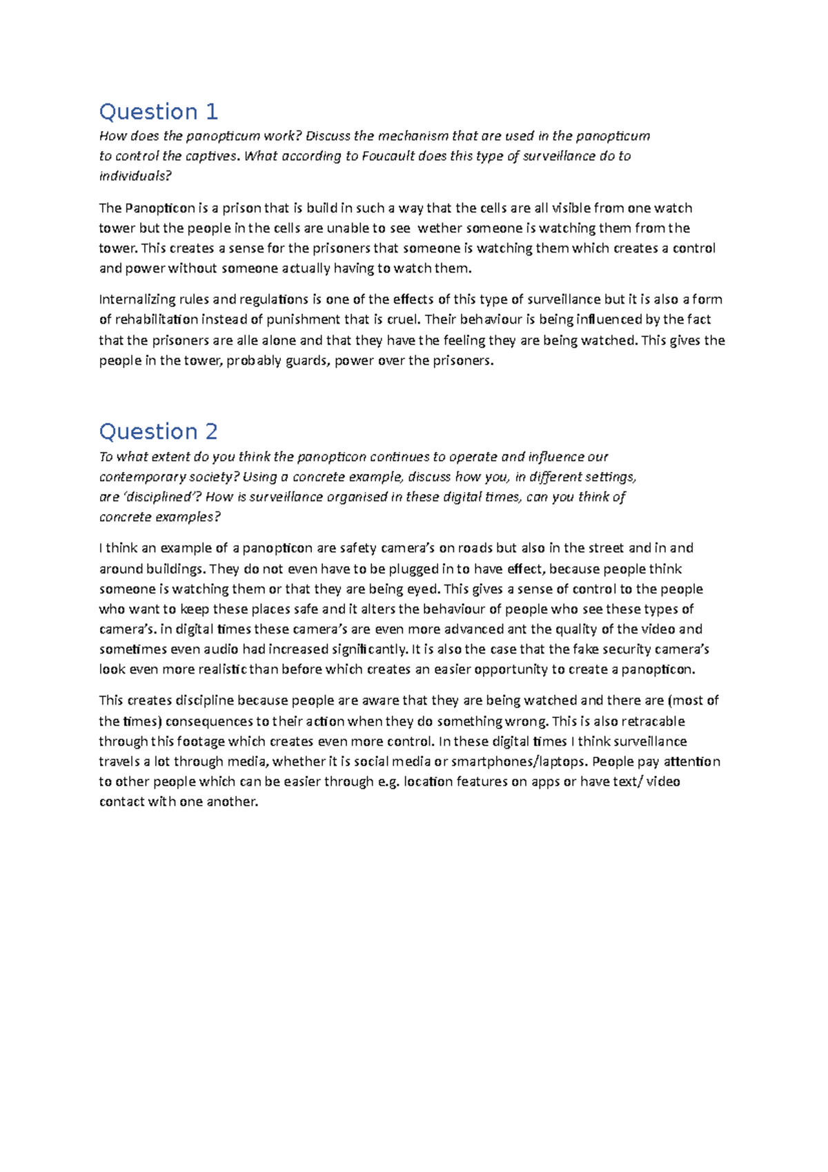 Assignment Manuel Castells - Question 1 How does the panopticum work ...