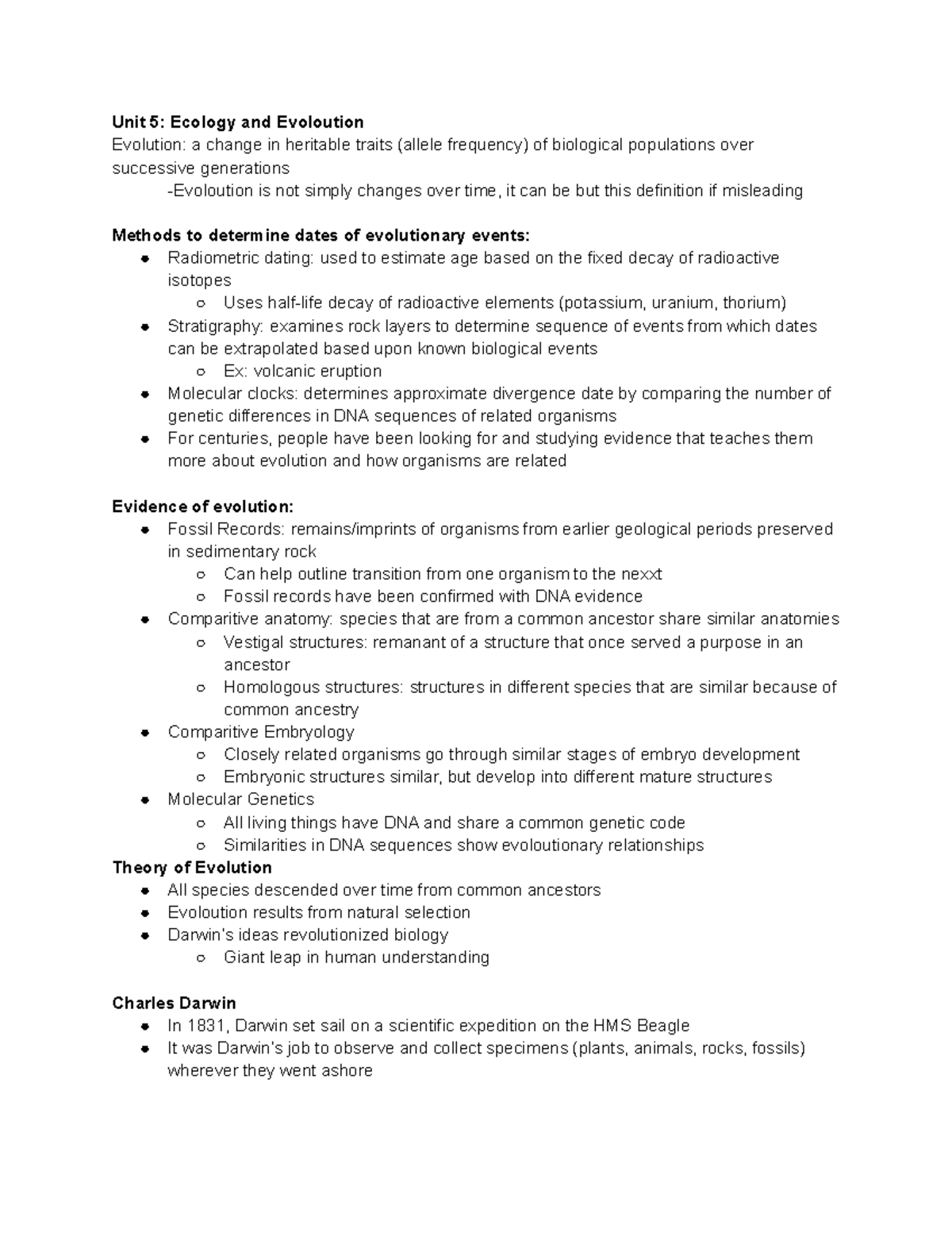 BIOL191 UNIT 5 - Unit 5 - Unit 5: Ecology and Evoloution Evolution: a ...