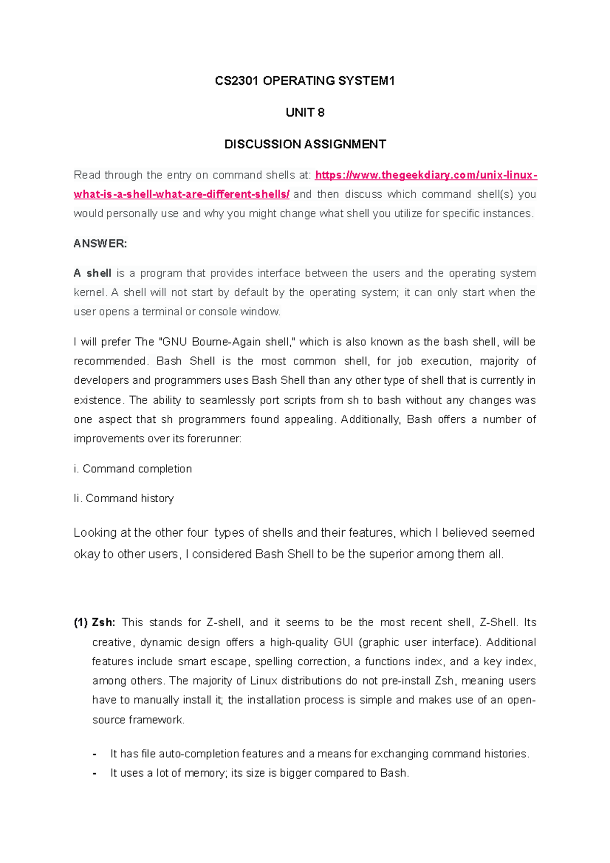 Cs2301 Operating System 1 Unit 8 Da Cs2301 Operating System Unit 8 Discussion Assignment Read