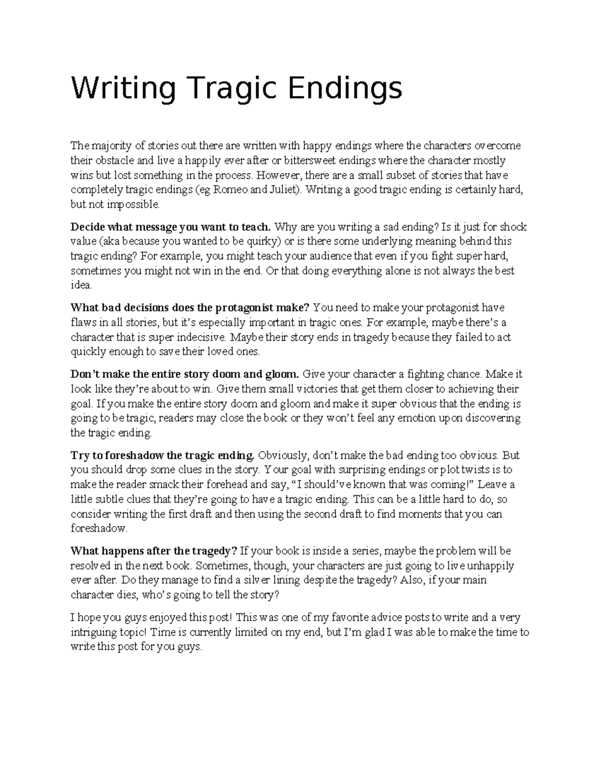 Writing Tragic Endings - However, there are a small subset of stories ...