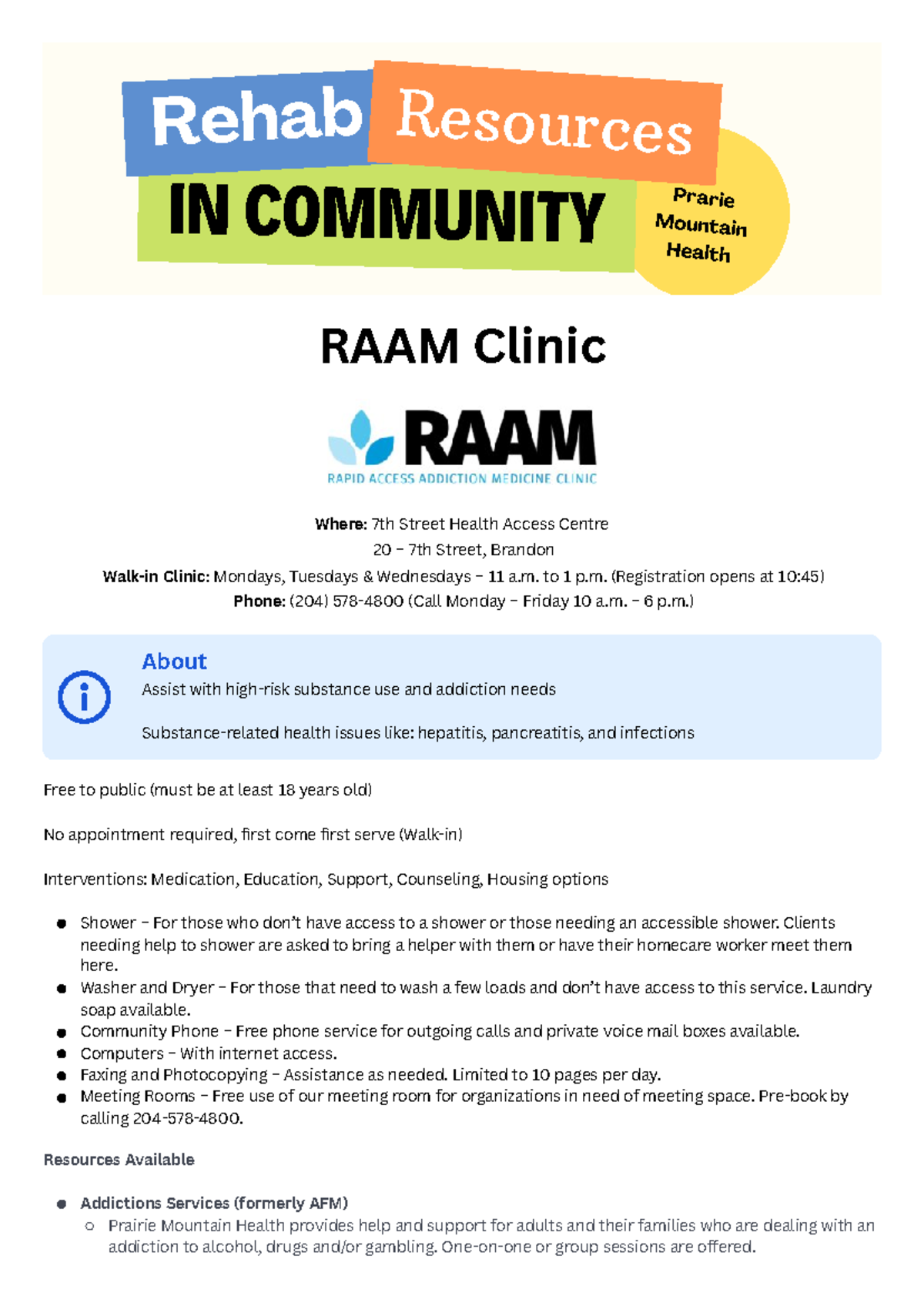 RAAM Clinic - RAAM Clinic Where: 7th Street Health Access Centre 20 ...