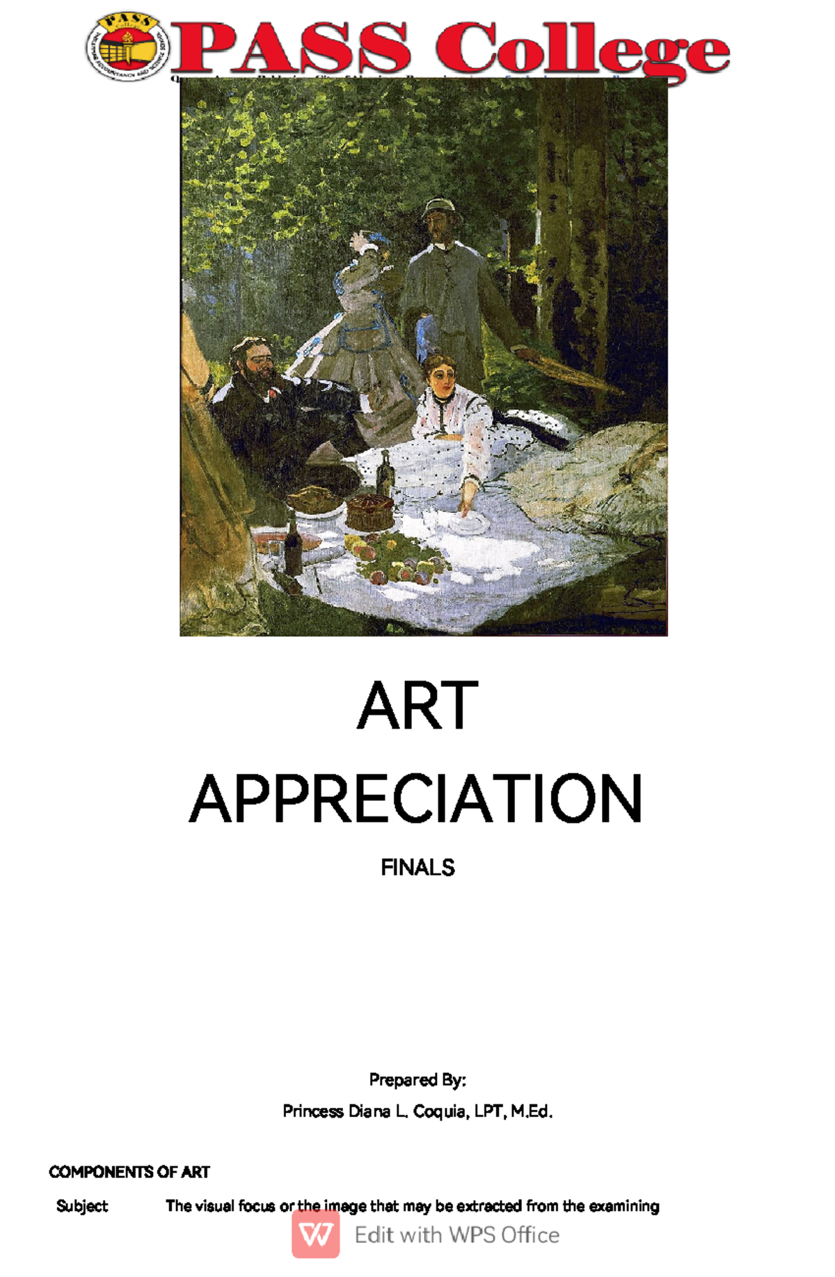 Final Art App - ART APPRECIATION FINALS Prepared By: Princess Diana L. Coquia, LPT, M ...