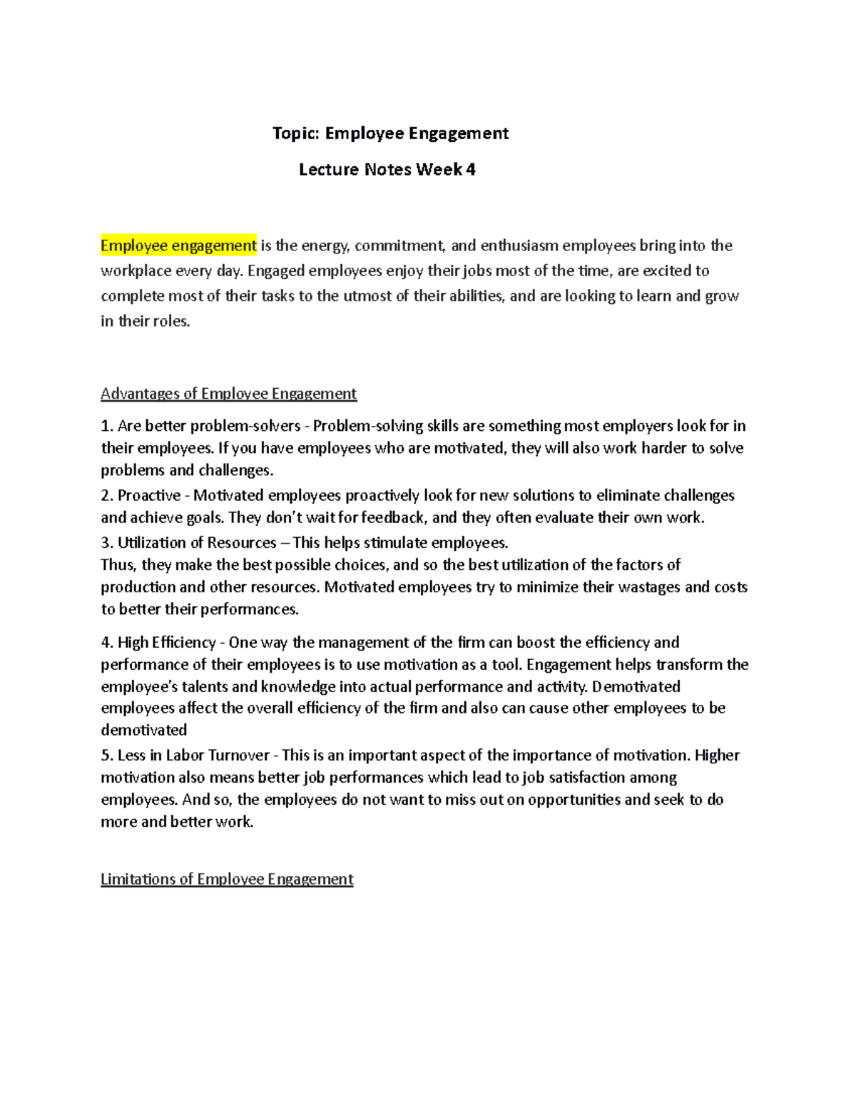 Employee Engagement - Topic: Employee Engagement Lecture Notes Week 4 ...