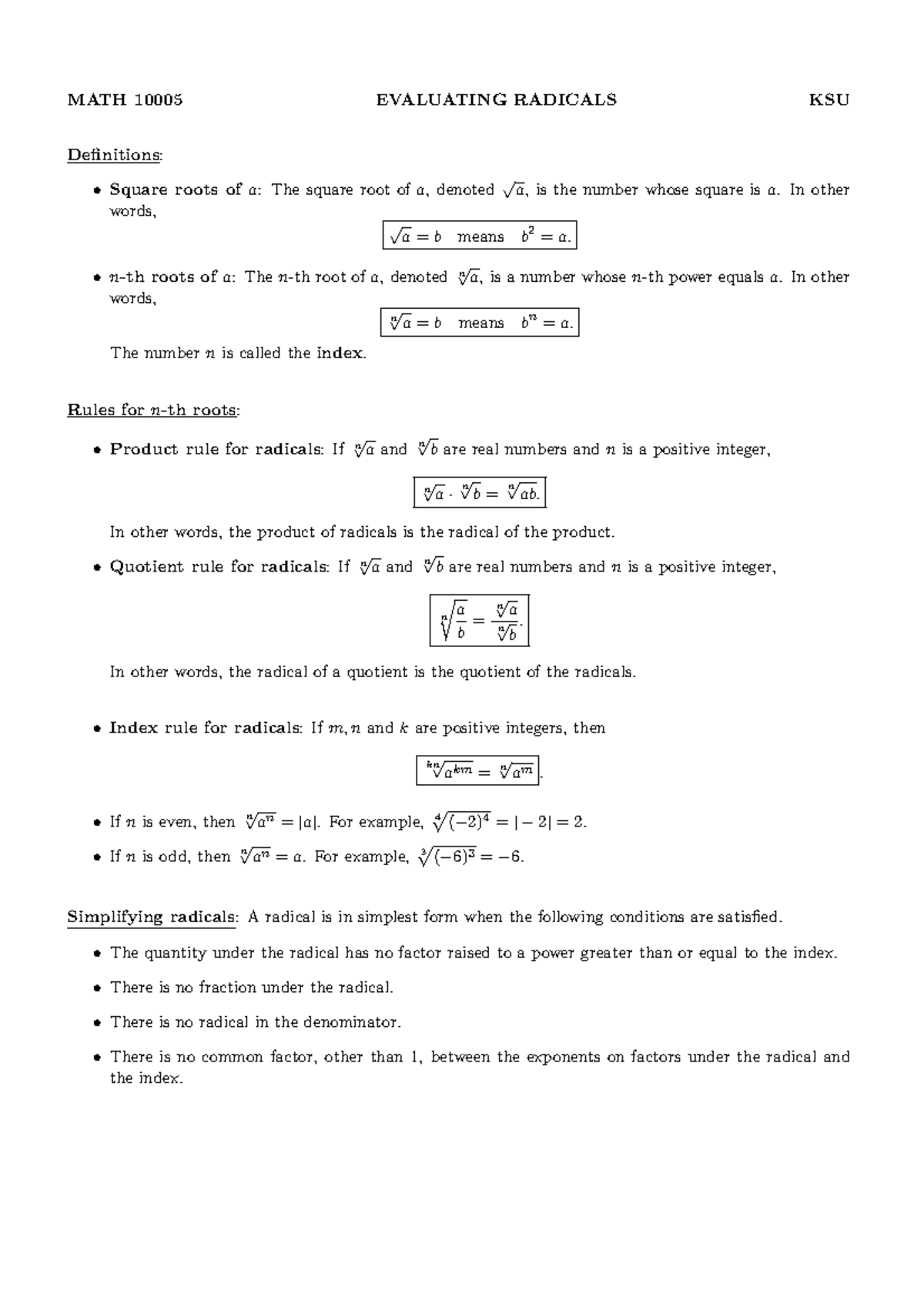 Evaluating Radicals - MATH 10005 EVALUATING RADICALS KSU Definitions ...