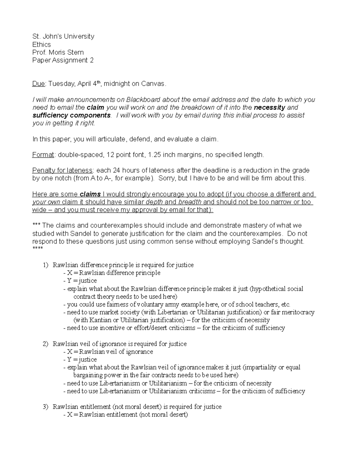 S23 St J Ethics Paper 2 - St. John’s University Ethics Prof. Moris ...